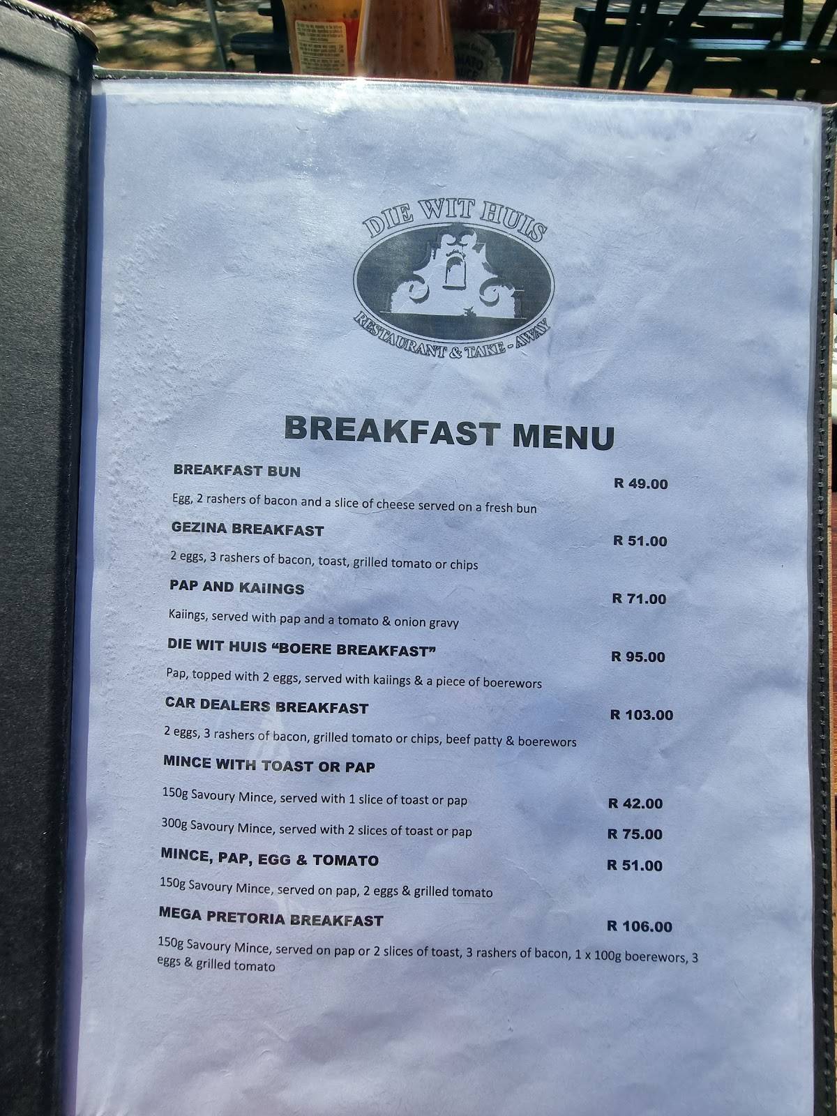 Menu at Die Wit Huis restaurant, Pretoria