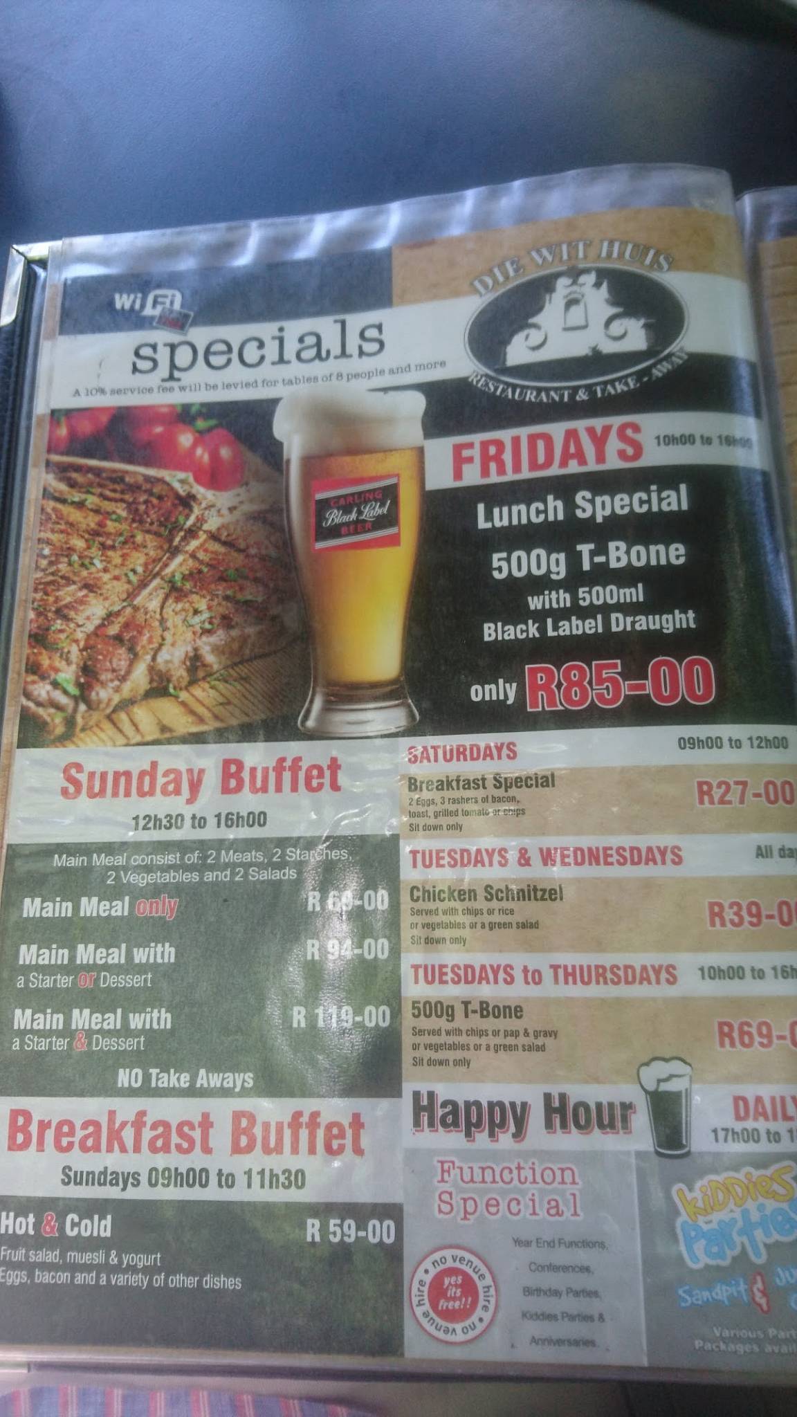 Menu at Die Wit Huis restaurant, Pretoria