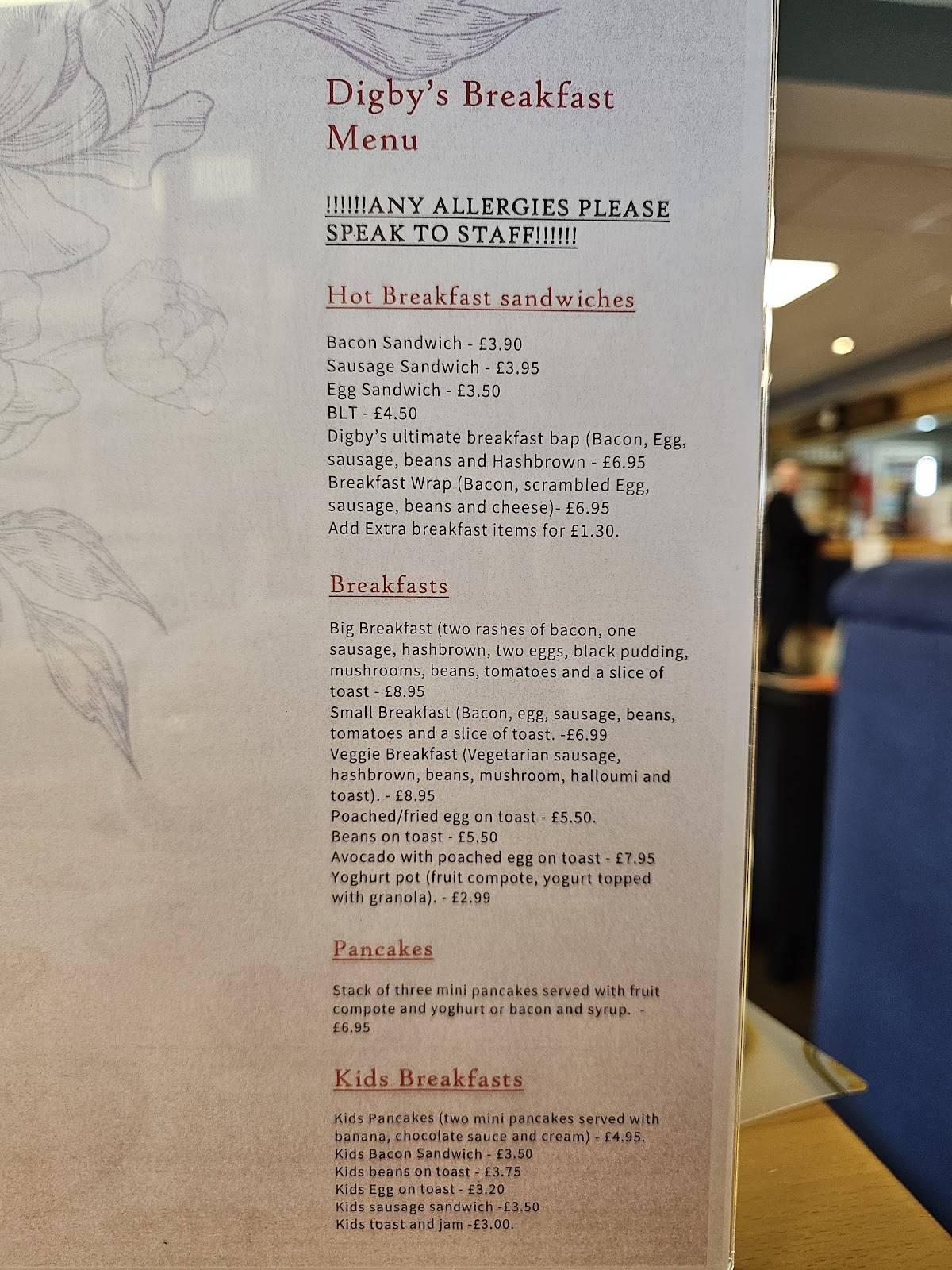 Menu at Digbys Cafe Diner, Sherburn in Elmet