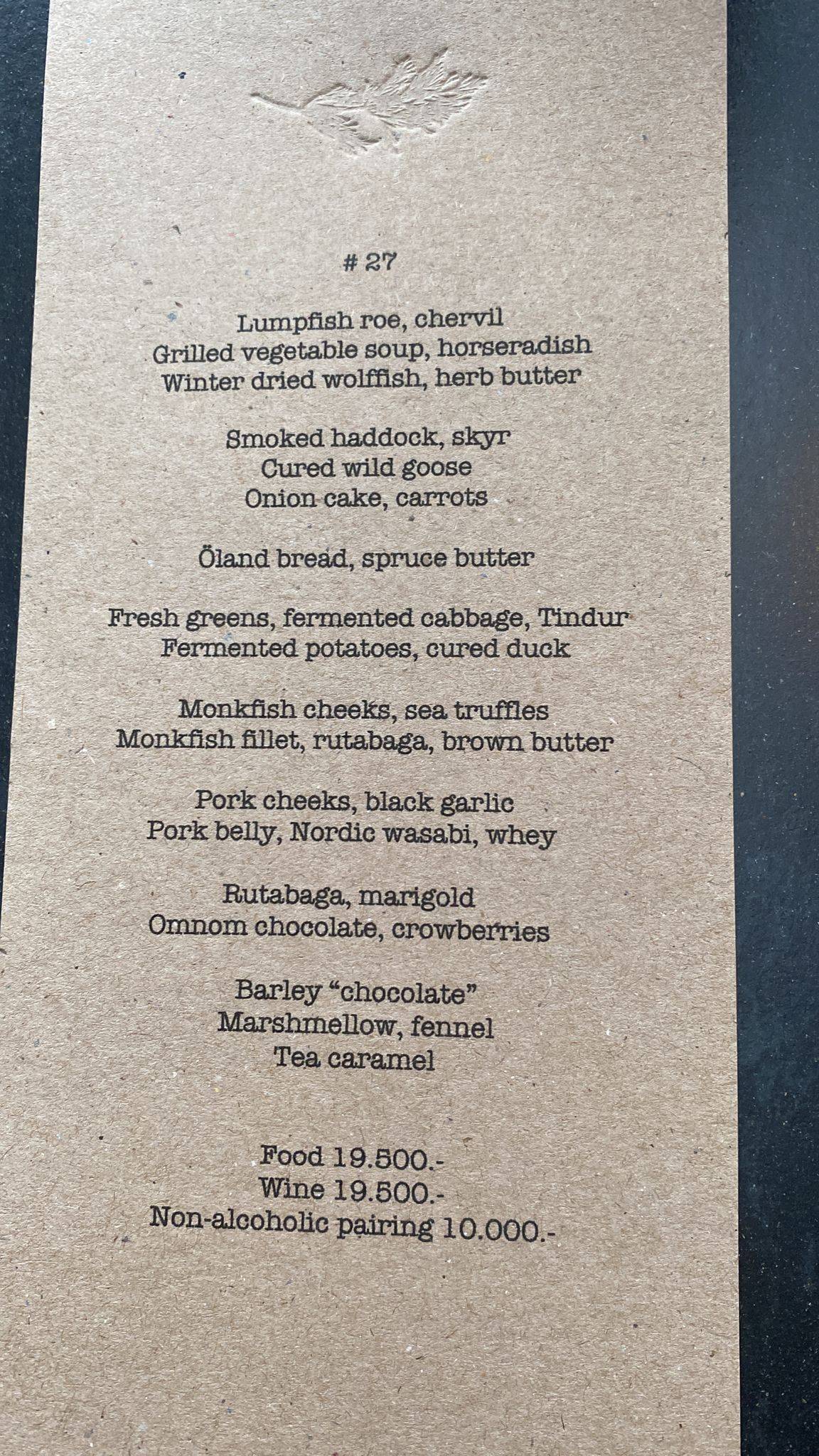 Menu at Dill Restaurant, Reykjavík, Laugavegur 59