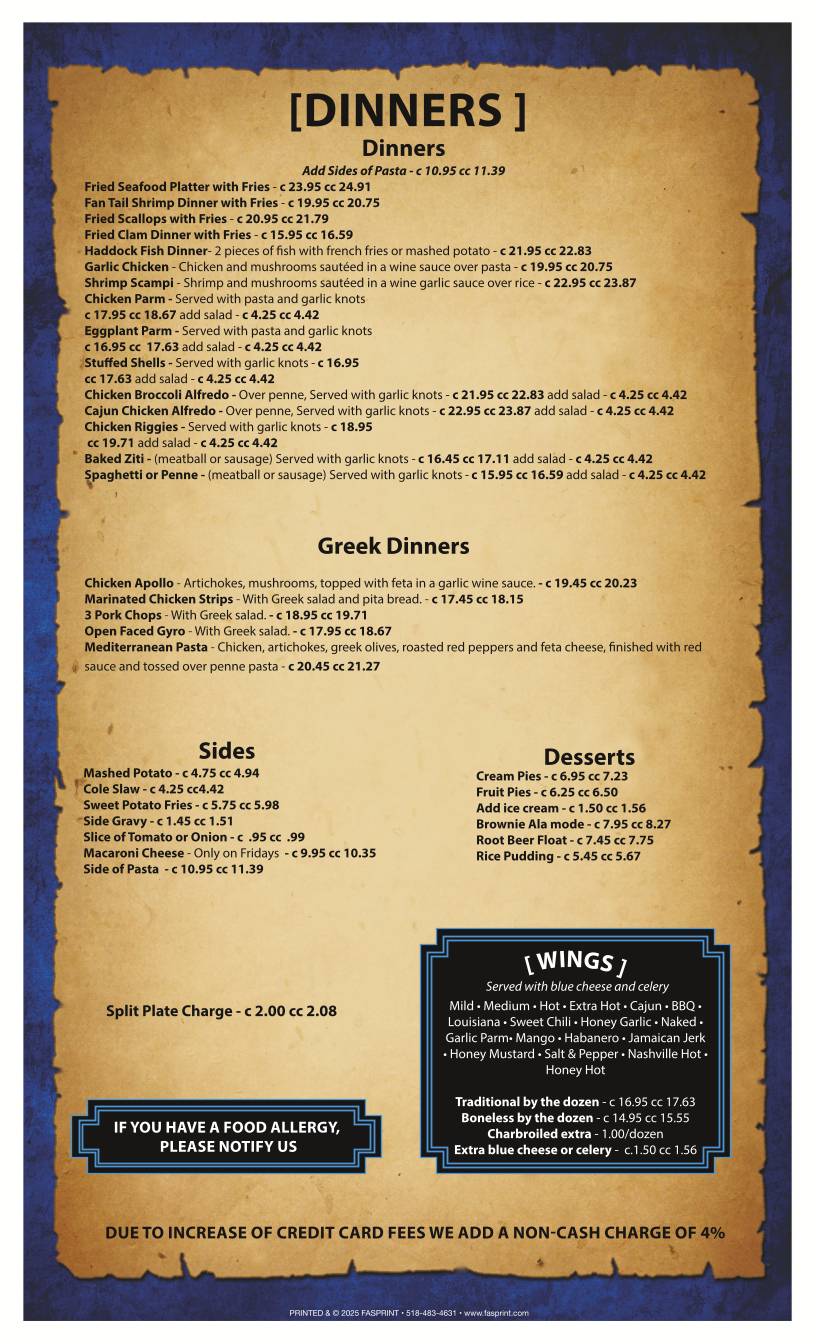 Menu at Dimitris Pizzeria, Elbridge