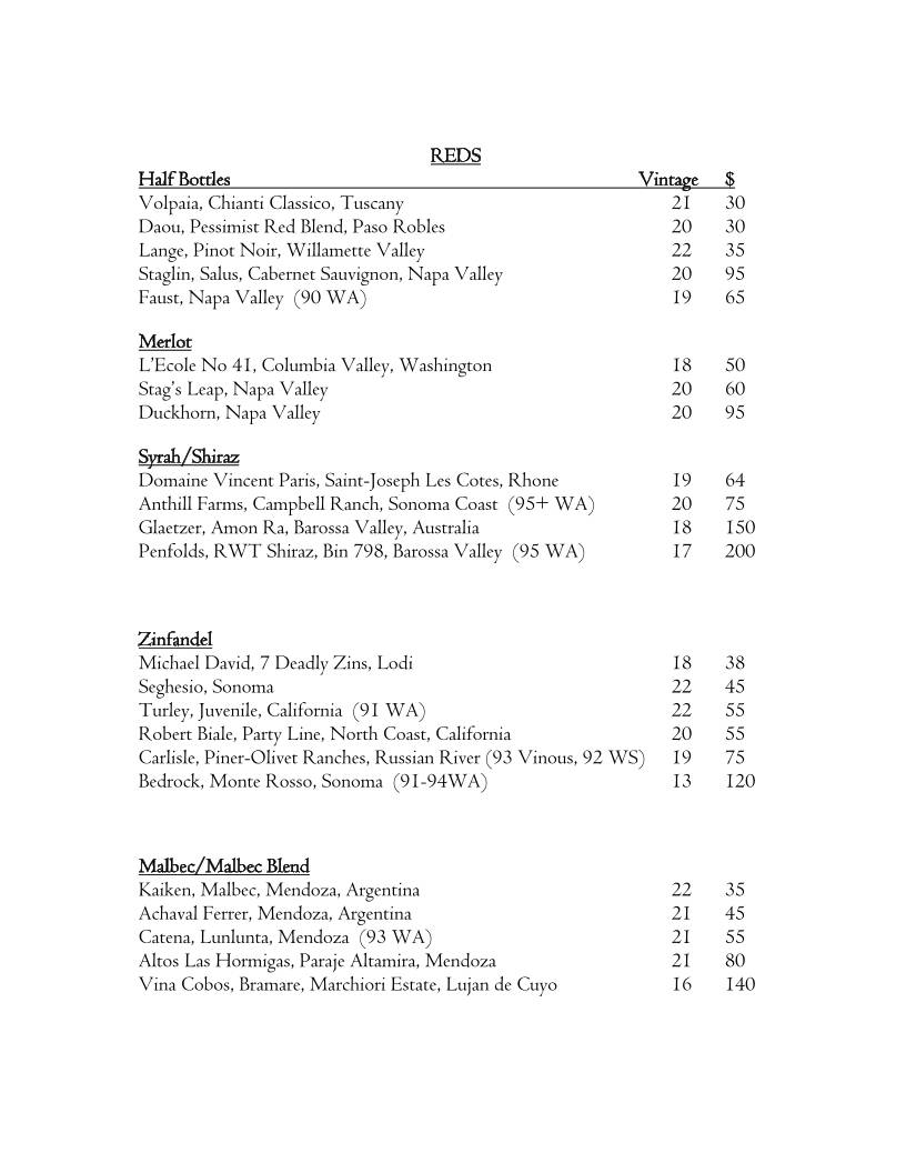 Menu at Dina's restaurant, Ellicottville