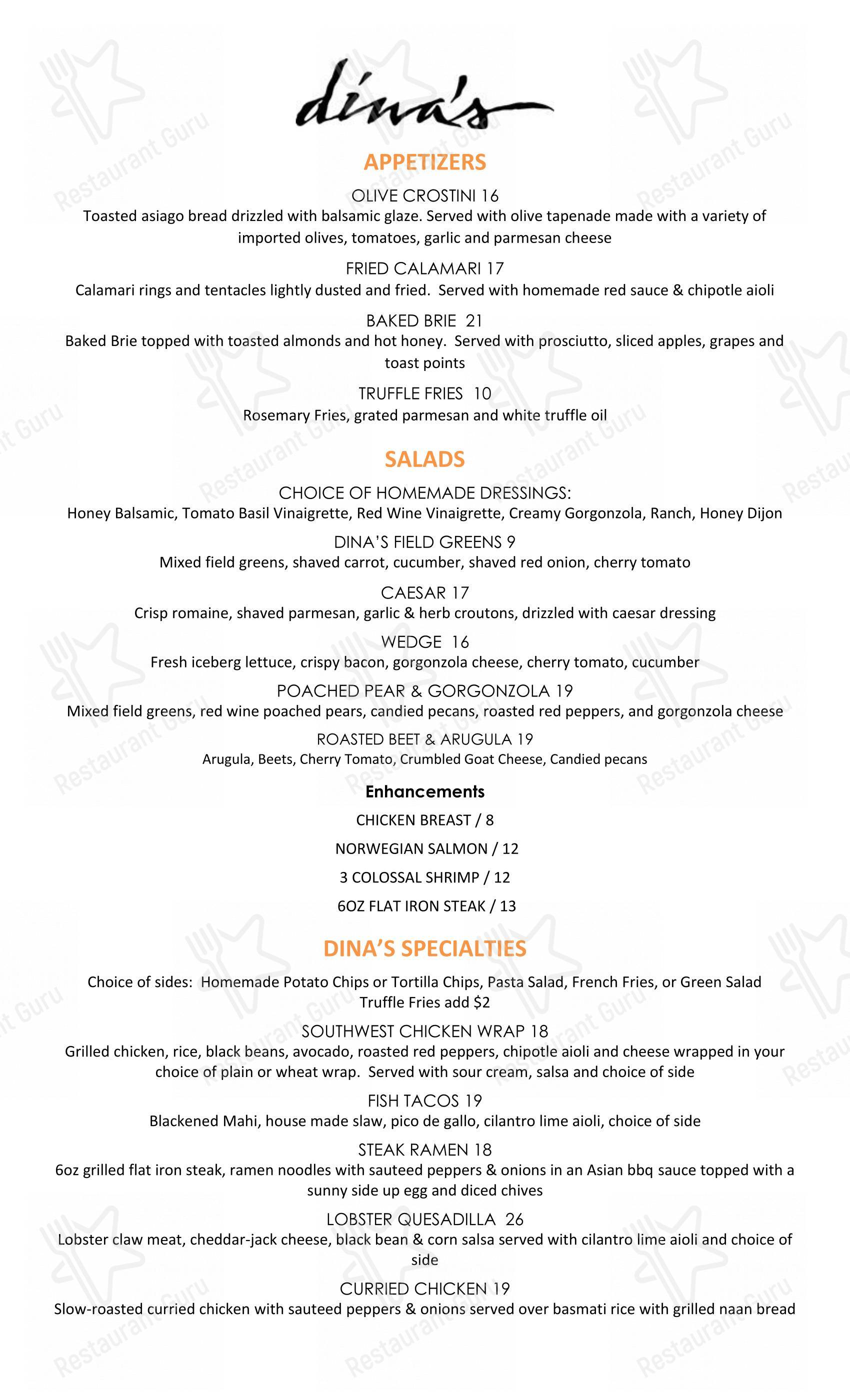 Menu at Dina's restaurant, Ellicottville