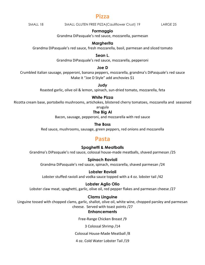 Menu at Dina's restaurant, Ellicottville