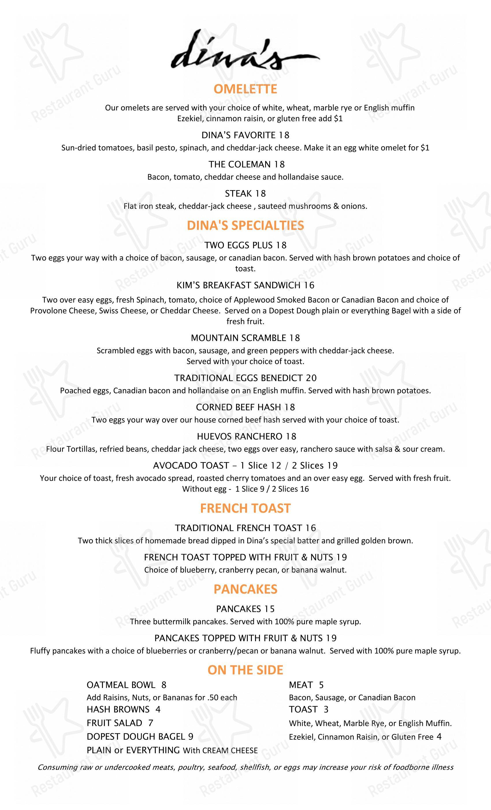 Menu at Dina's restaurant, Ellicottville