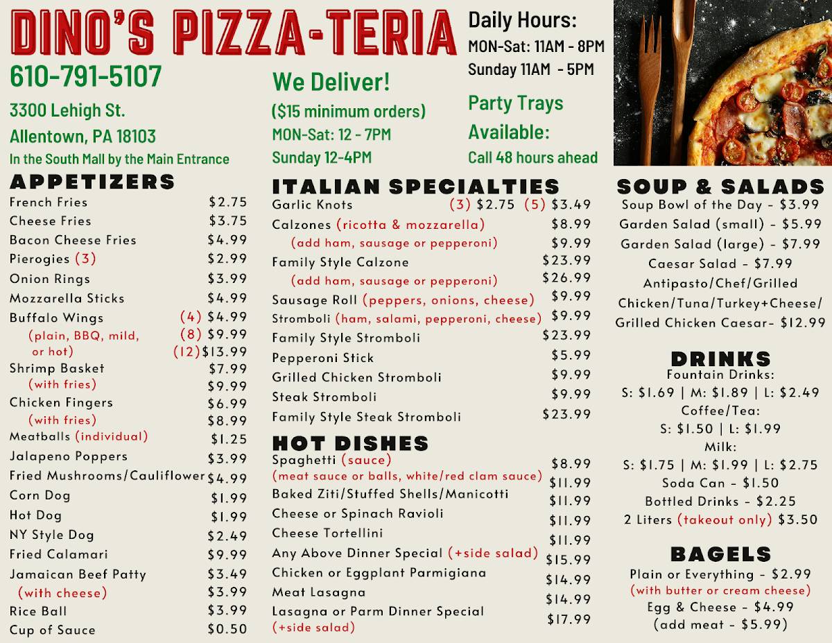 Menu at Dino's Pizza Teria pizzeria, Allentown