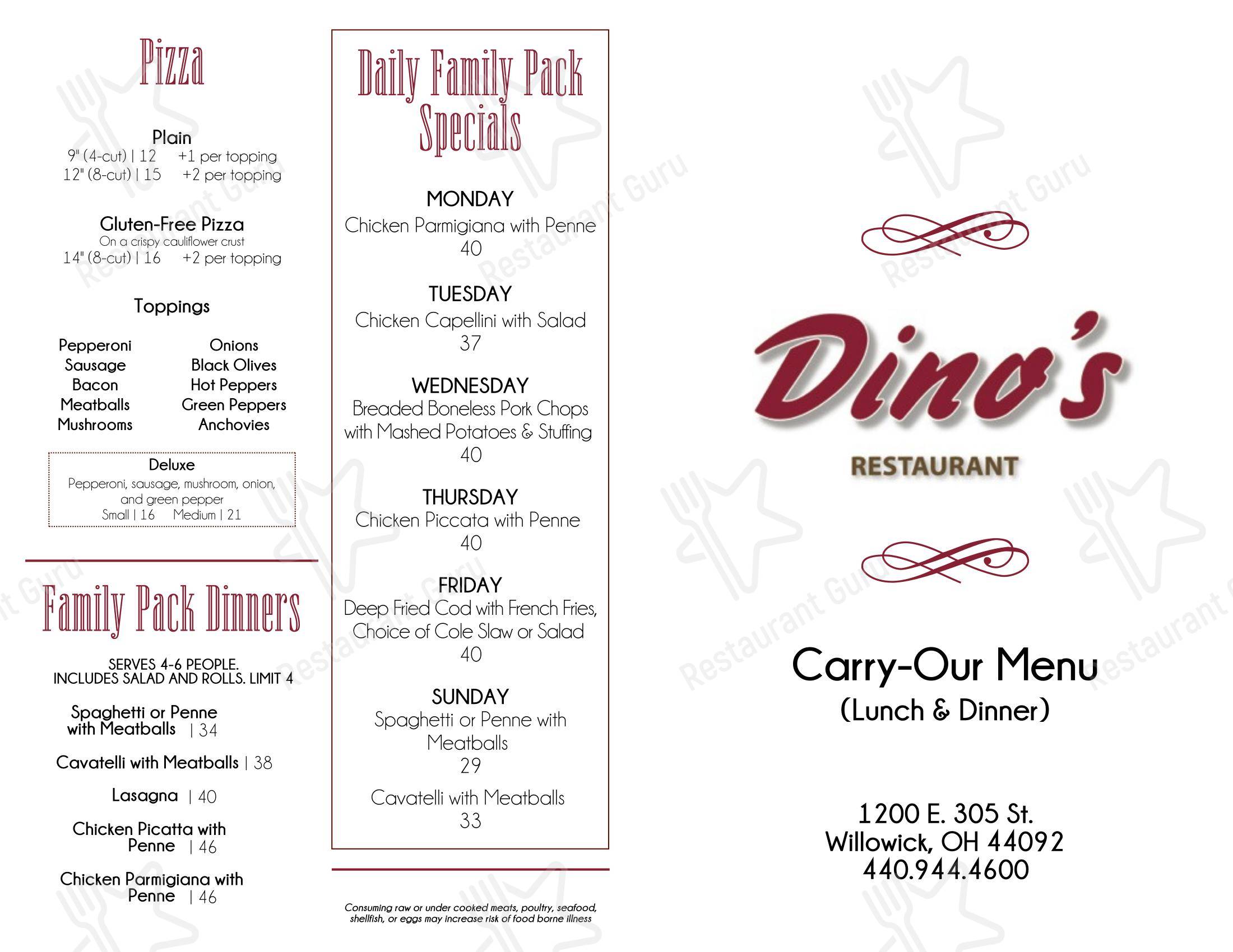 Menu at Dino's Restaurant, Willowick