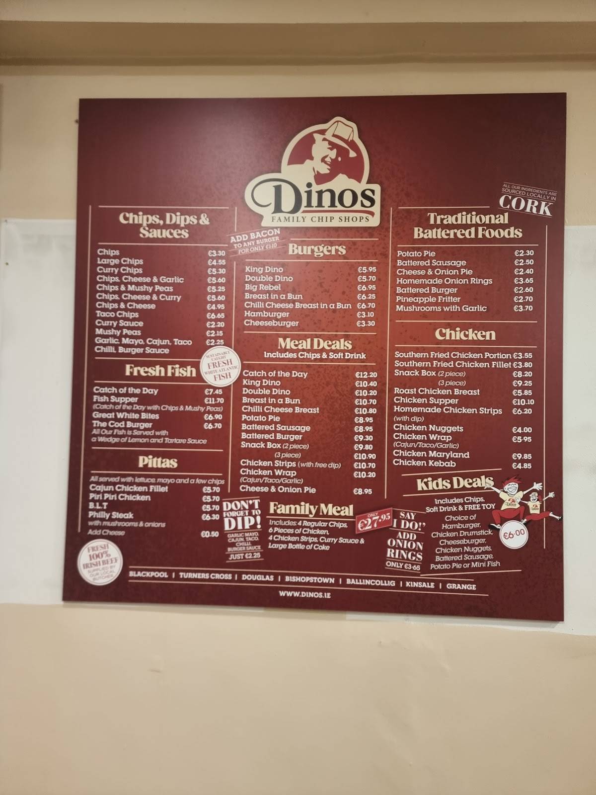 Menu at Dinos fast food, Cork, Saint Patrick's Terrace