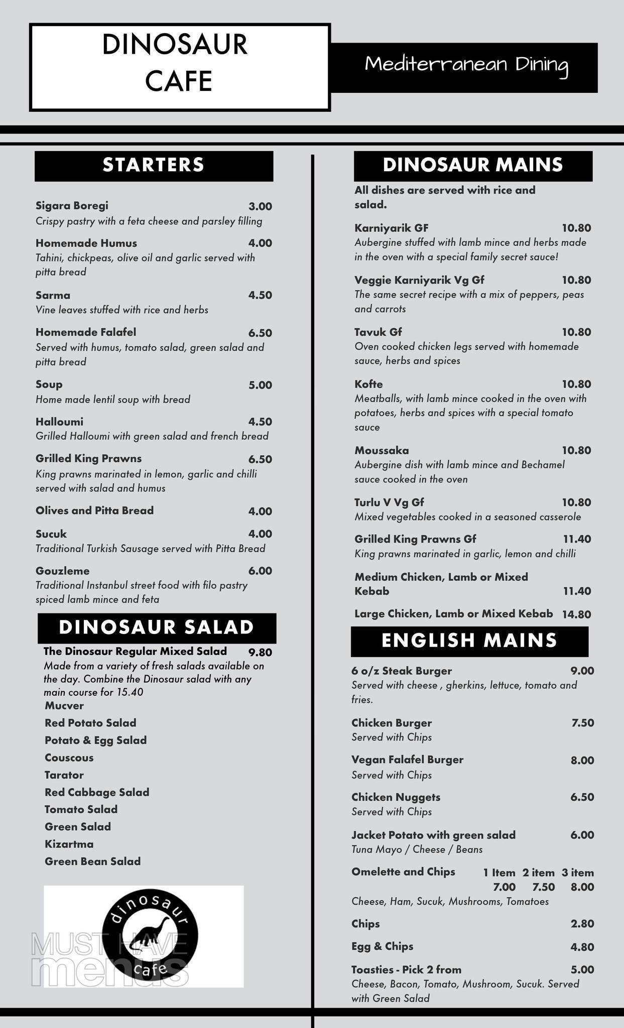 Menu at Dinosaur Cafe, Exeter