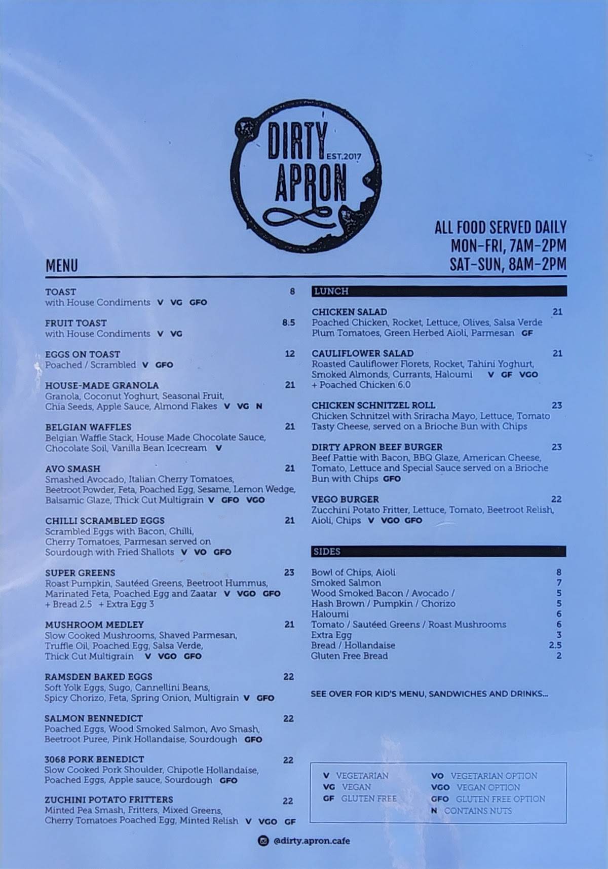 Menu at Dirty Apron Cafe, Clifton Hill
