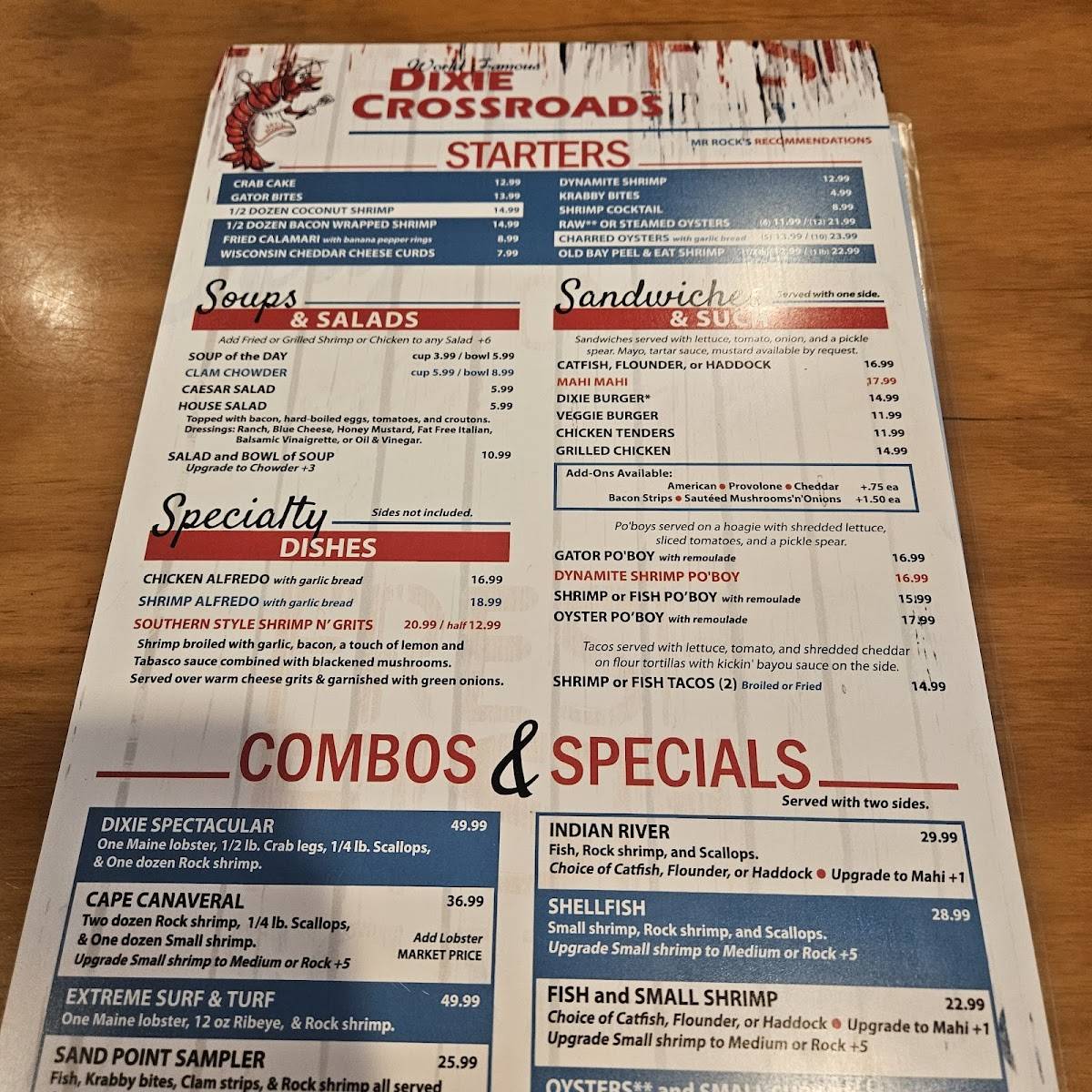 Menu at Dixie Crossroads restaurant, Titusville, Garden St