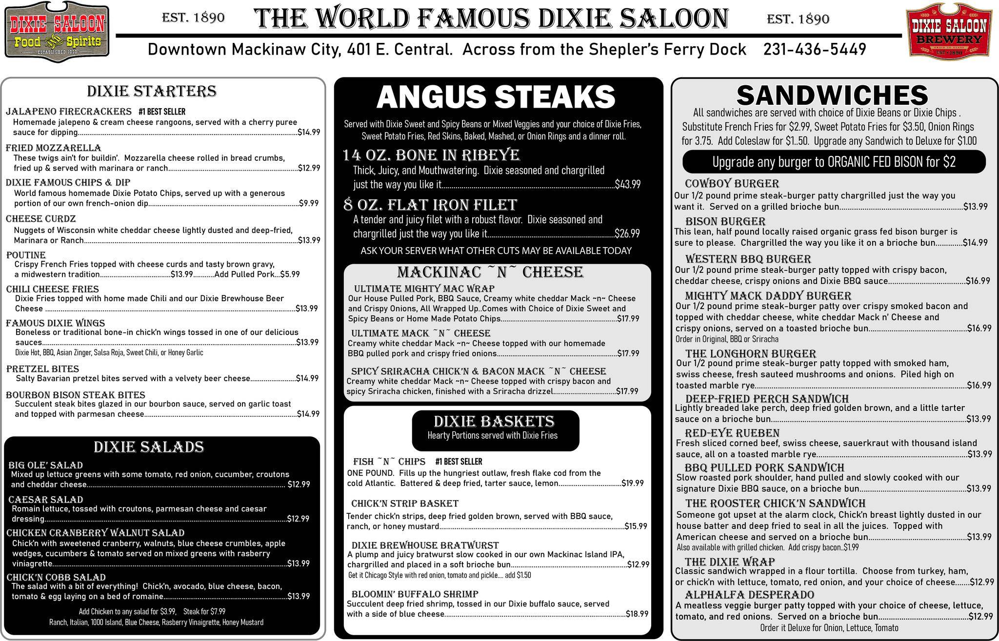 Menu at Dixie Saloon pub & bar, Mackinaw City, 401 E Central Ave