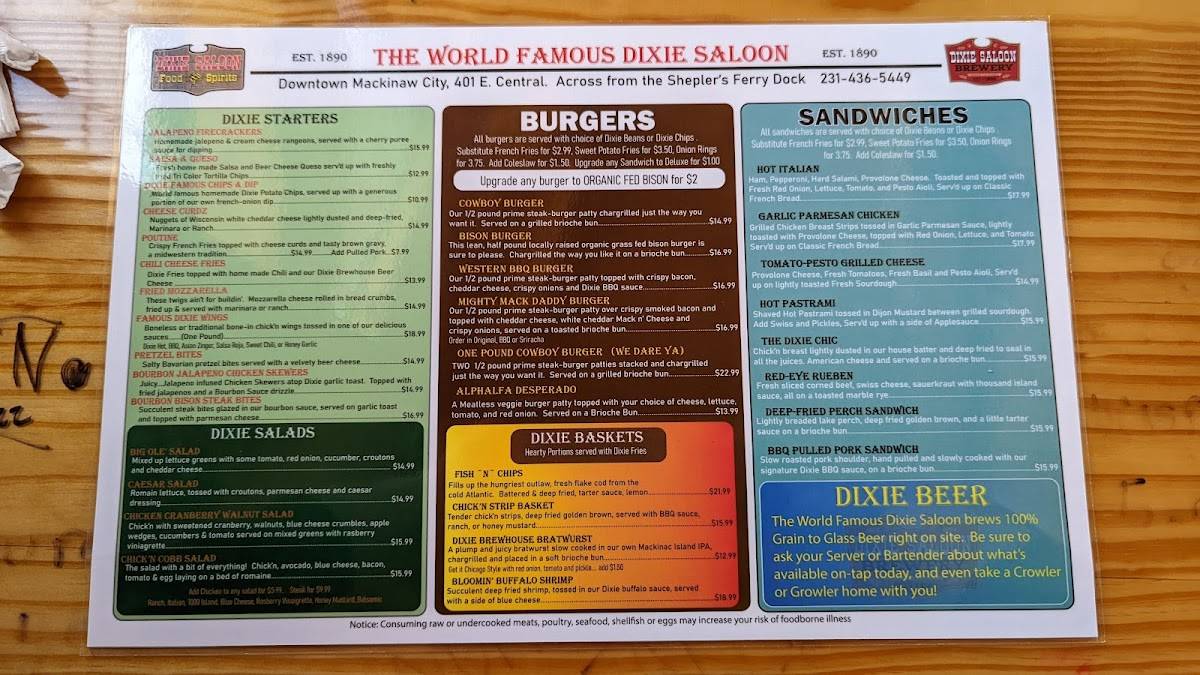 Menu at Dixie Saloon pub & bar, Mackinaw City, 401 E Central Ave