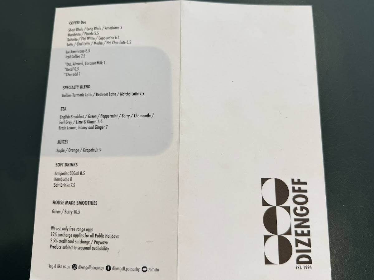 Menu at Dizengoff cafe, Auckland