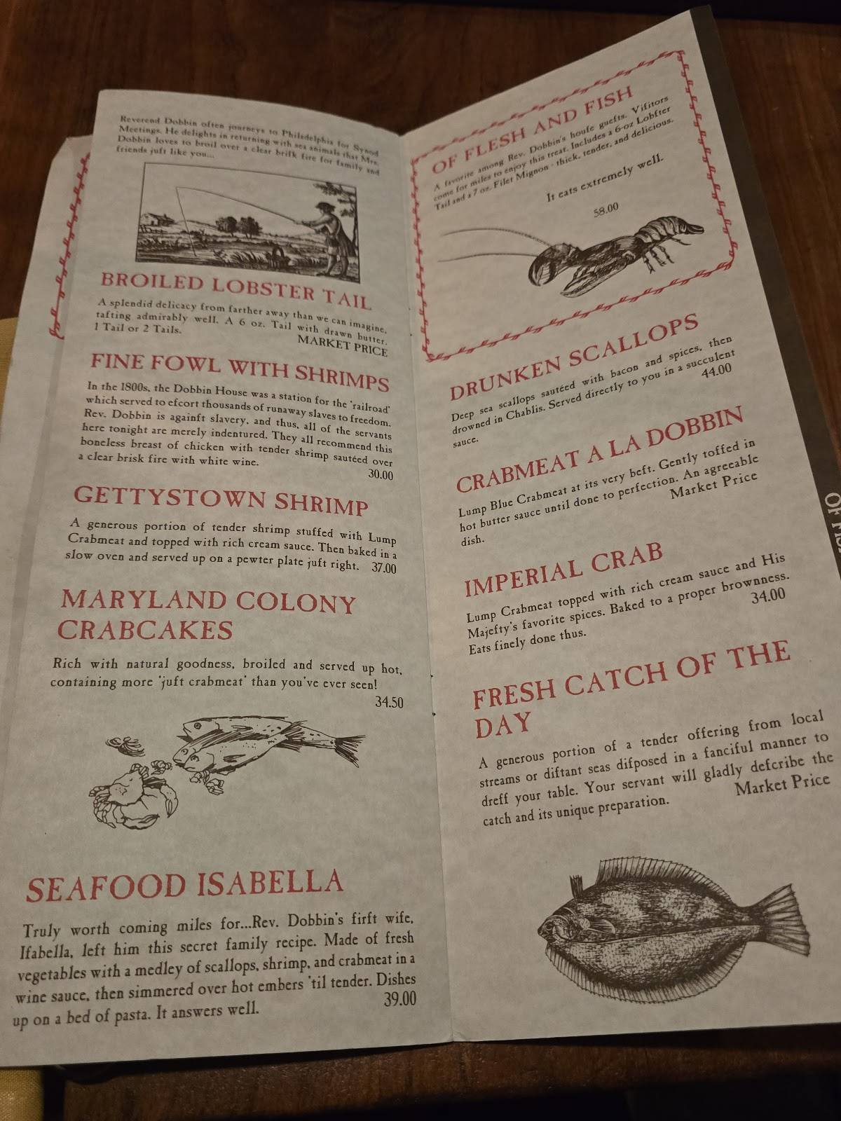 Menu at Dobbin House Tavern restaurant, Gettysburg, 89 Steinwehr Ave
