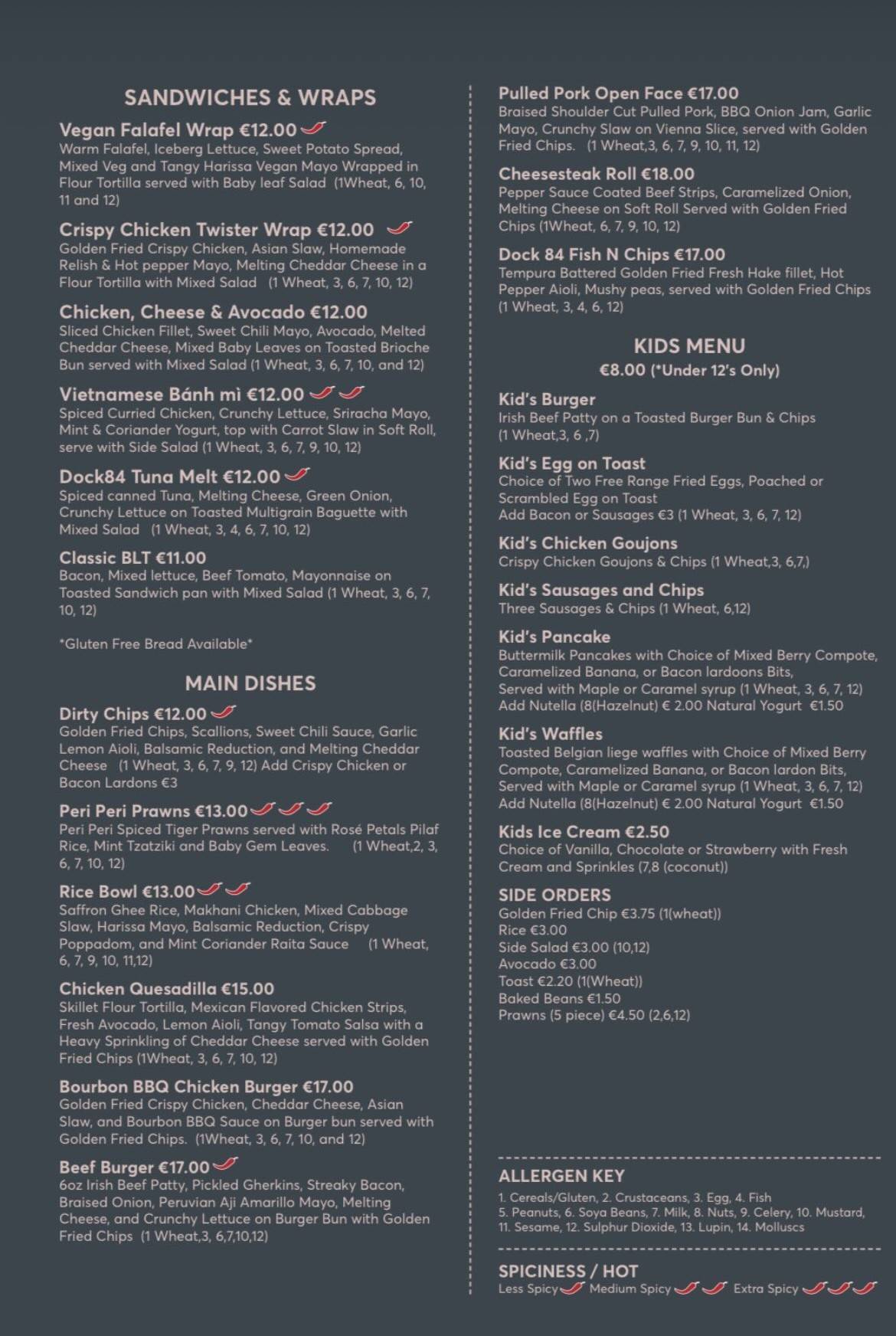 Menu at Dock 84 Donegal restaurant, Donegal