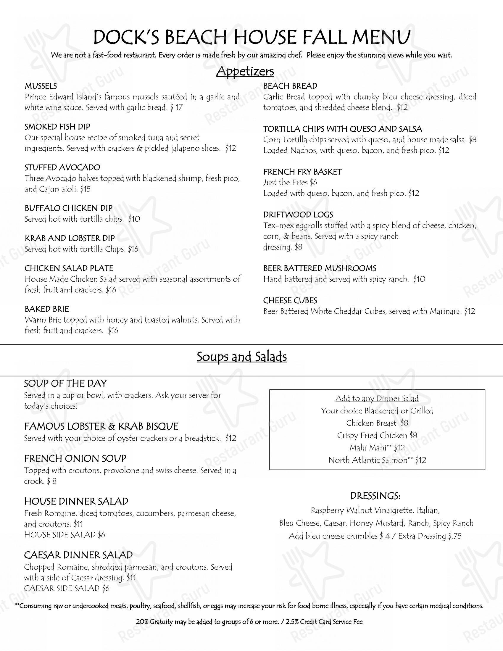 Menu at Dock's Beach House Restaurant, Port Clinton