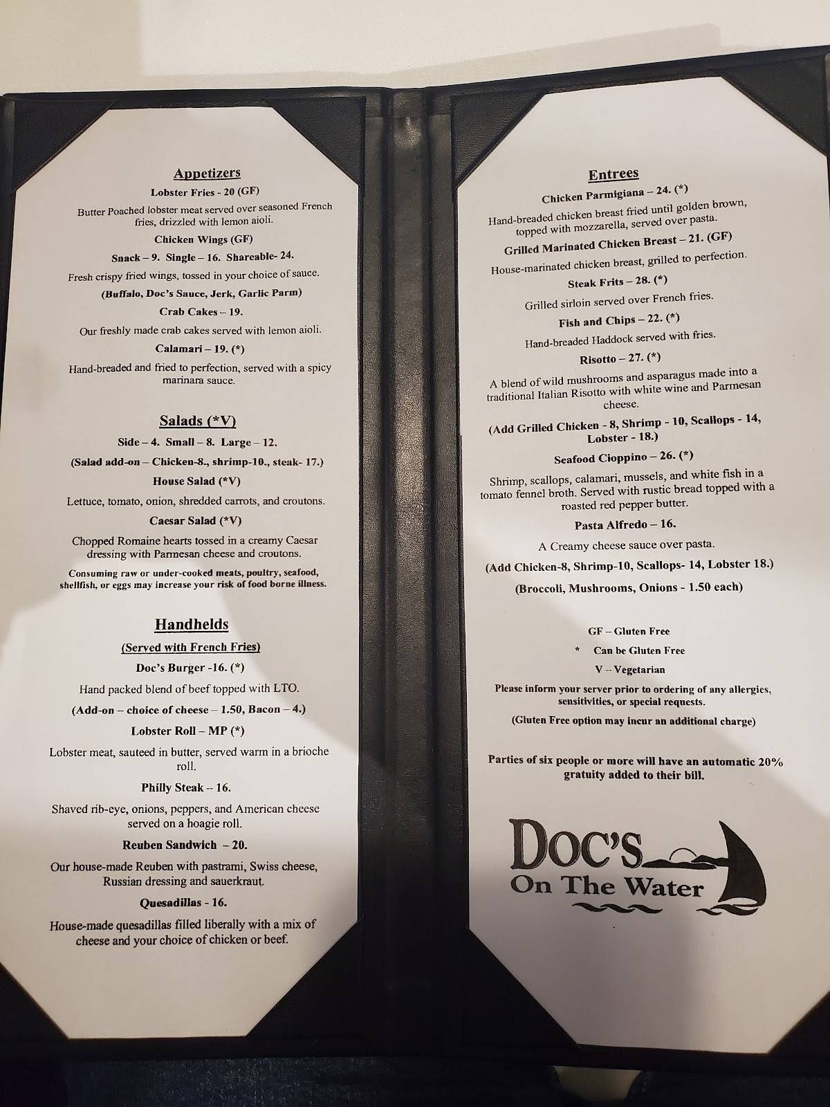 Menu at Doc's on the Water restaurant, Plattsburgh