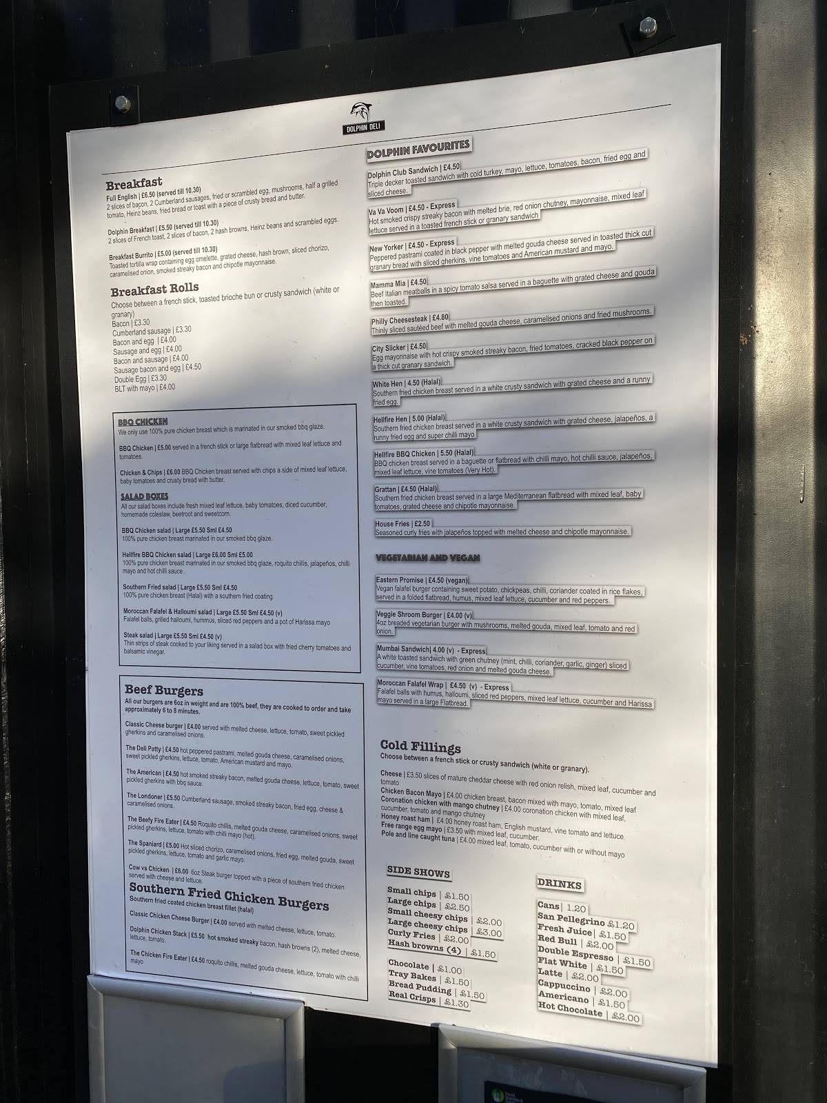 Menu at Dolphin Deli cafe, Crawley