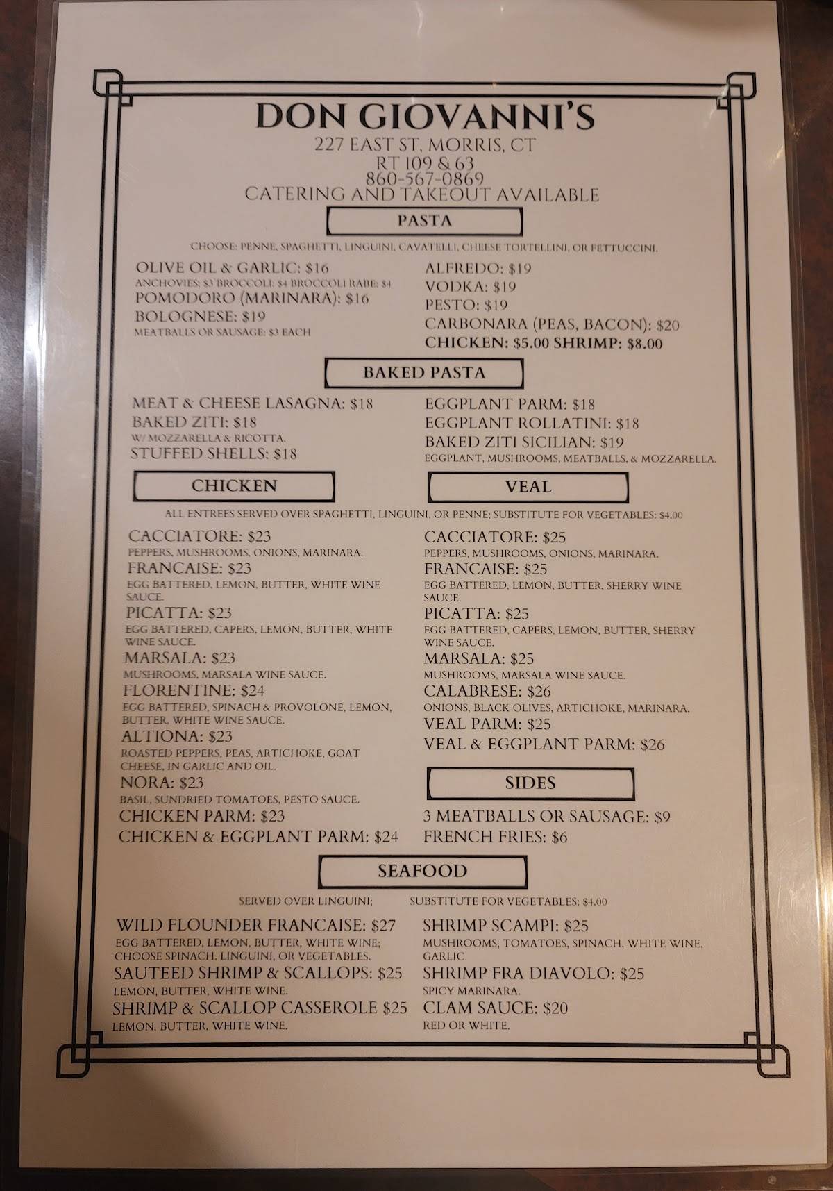 Menu at Don Giovanni's Restaurant, Morris