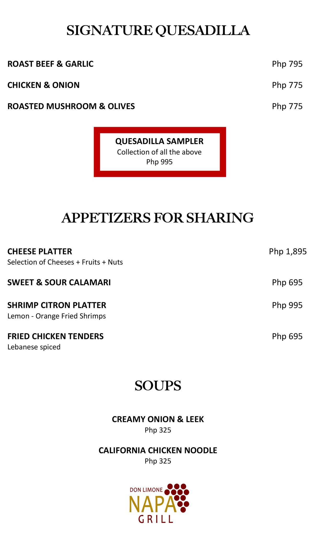 Menu at Don Limone Napa Grill restaurant, Tagaytay