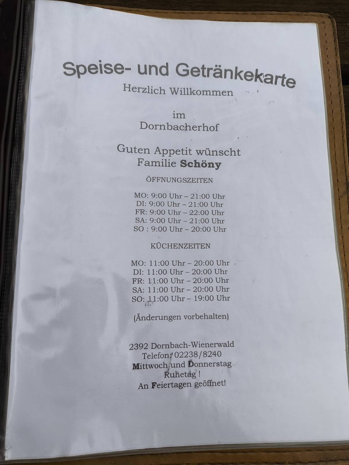 Speisekarte von Dornbacherhof - Gasthaus Schöny restaurant, Sulz im ...