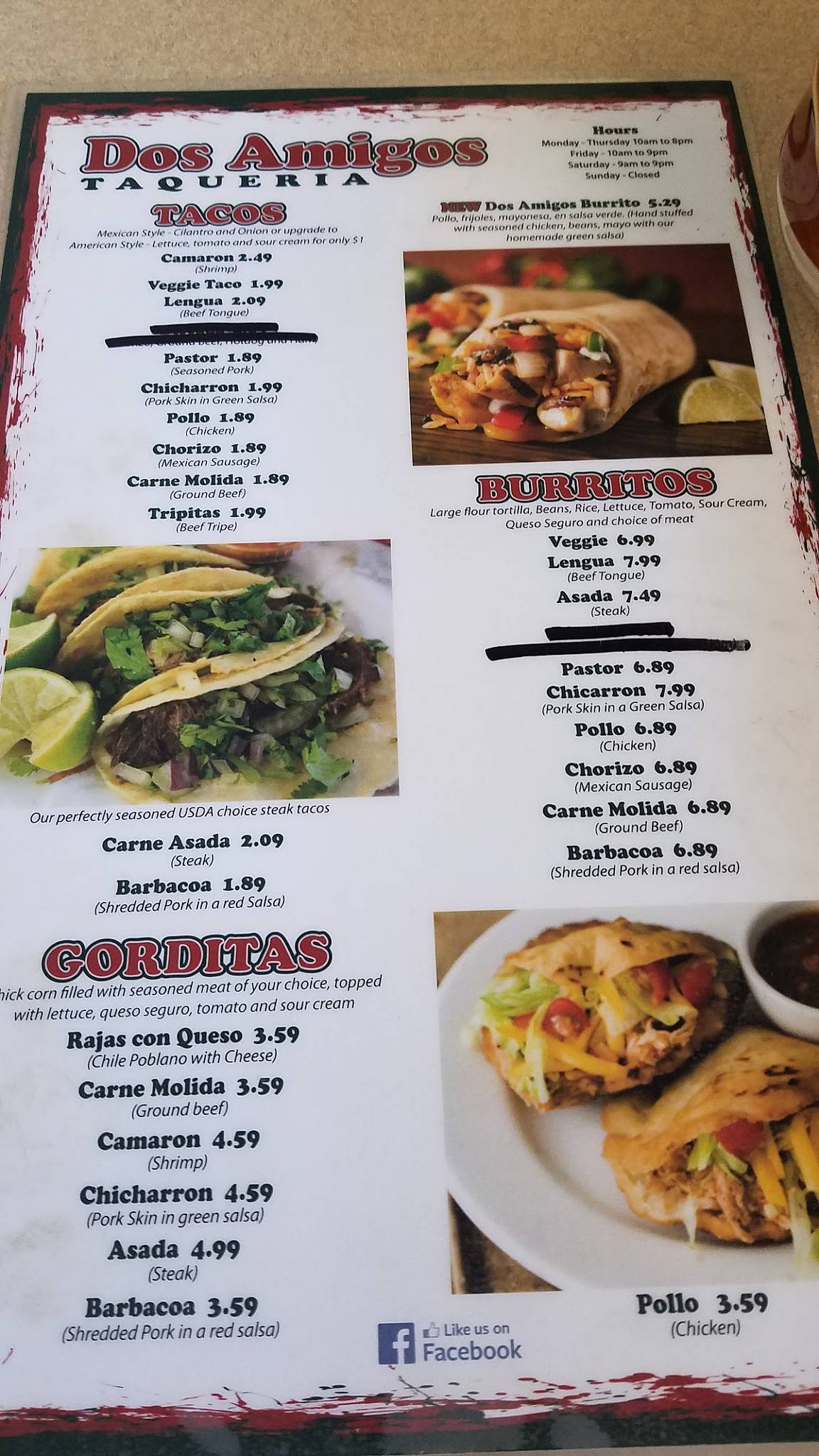 Menu at Dos Amigos Taqueria restaurant, South Beloit