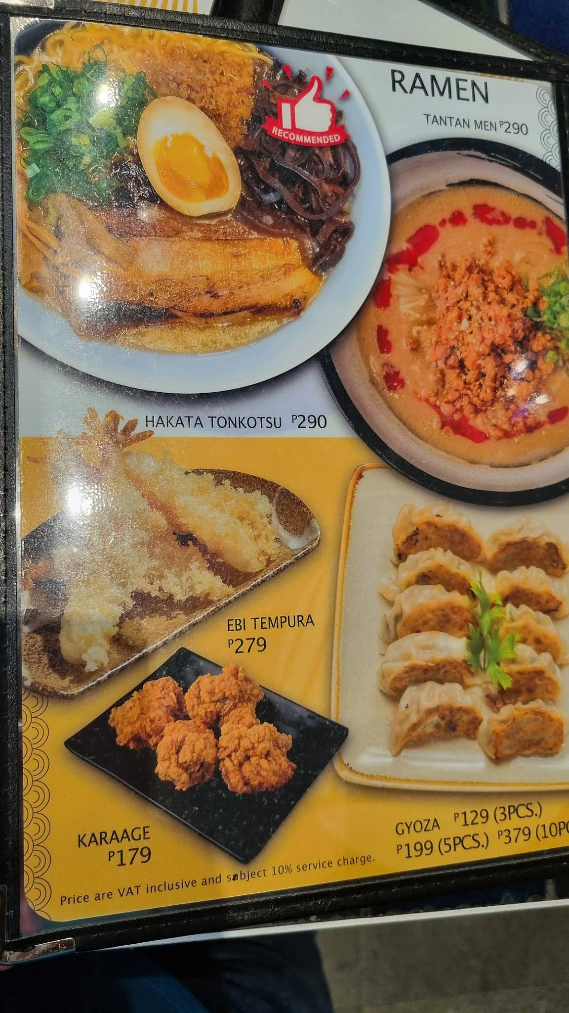 Menu at Dotonbori Ramen restaurant, Cebu City