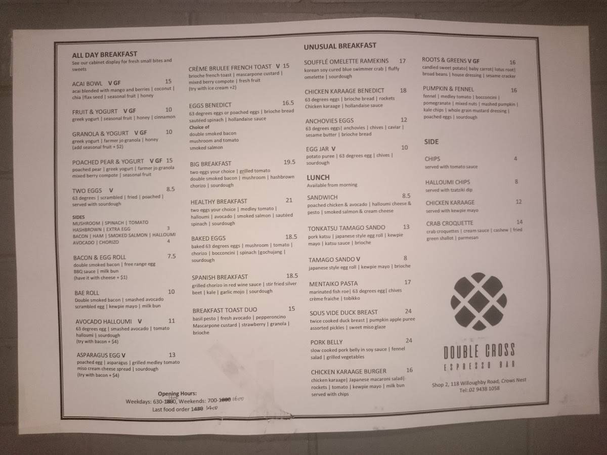Menu at Double Cross Dining Room cafe, Crows Nest