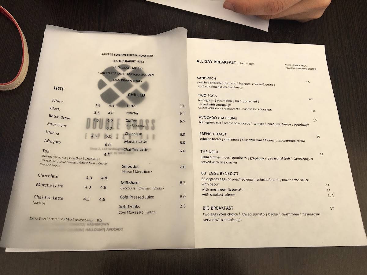 Menu at Double Cross Dining Room cafe, Crows Nest