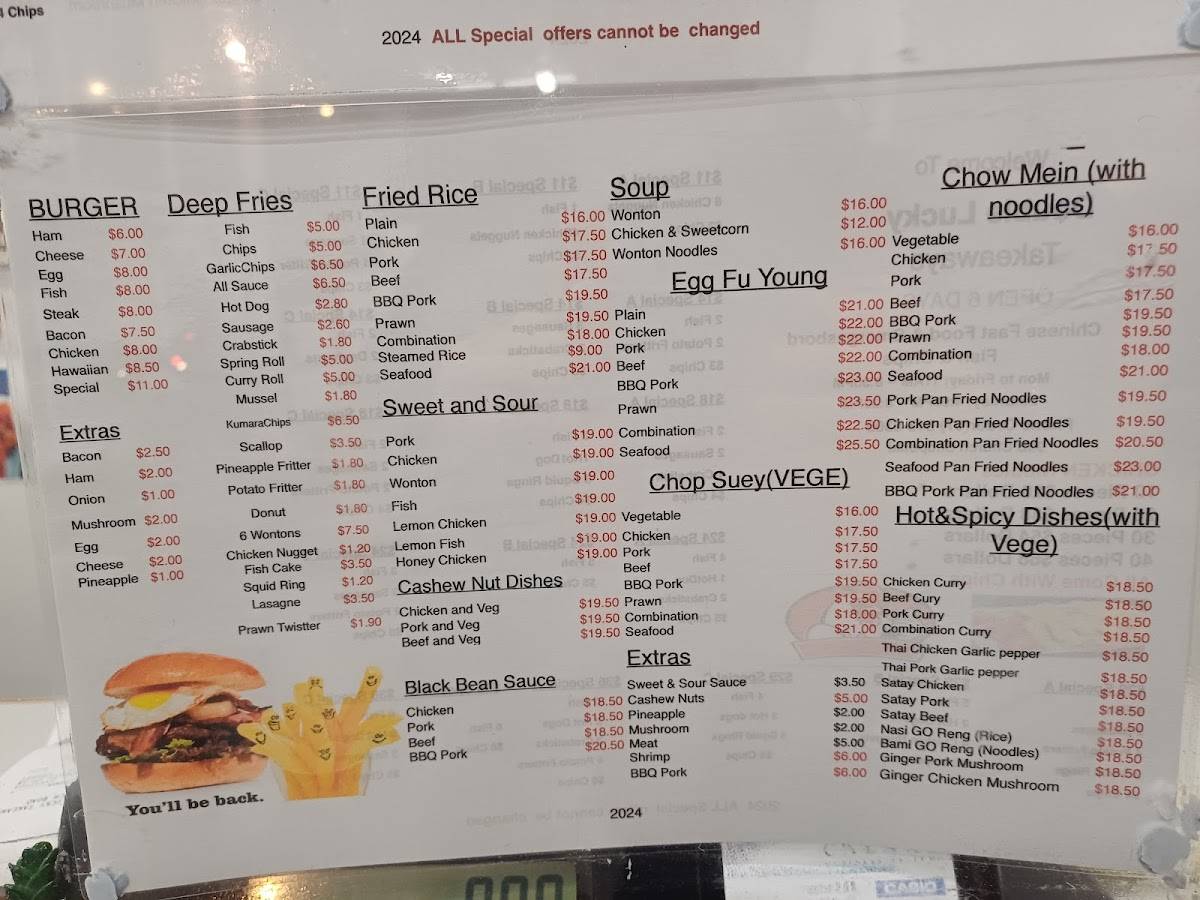 Menu at Double Lucky Takeaways, Opotiki
