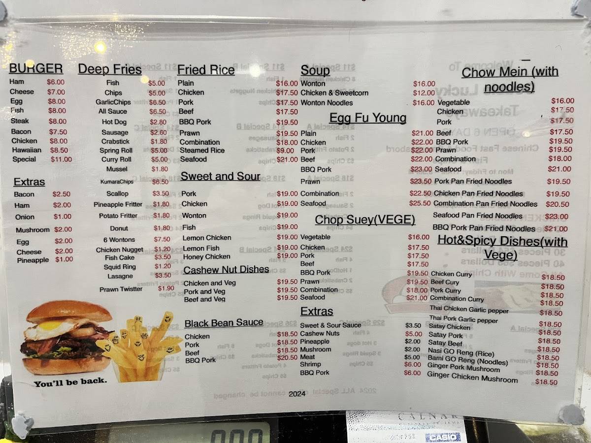 Menu at Double Lucky Takeaways, Opotiki