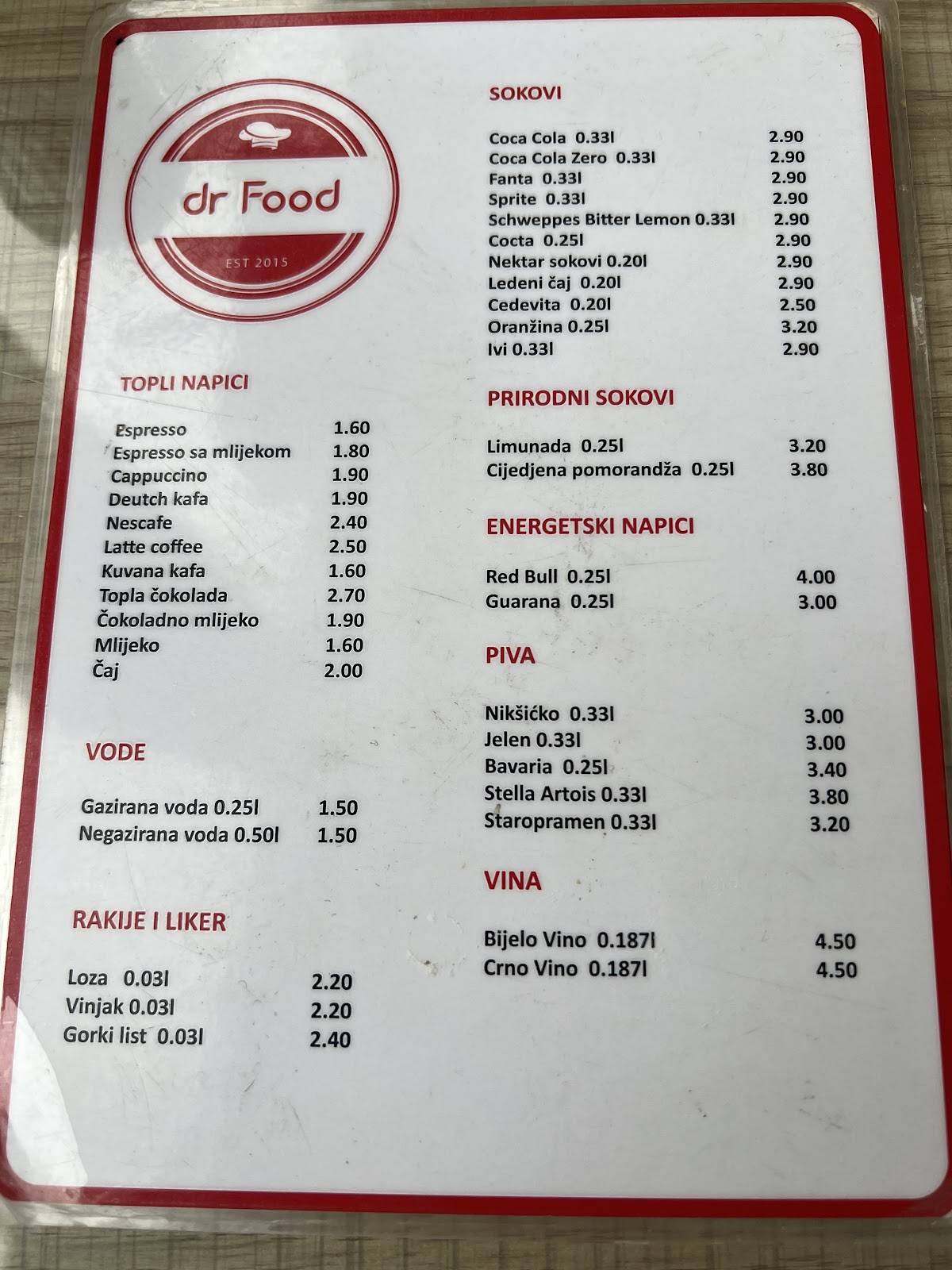 Menu at Dr Food restaurant, Podgorica