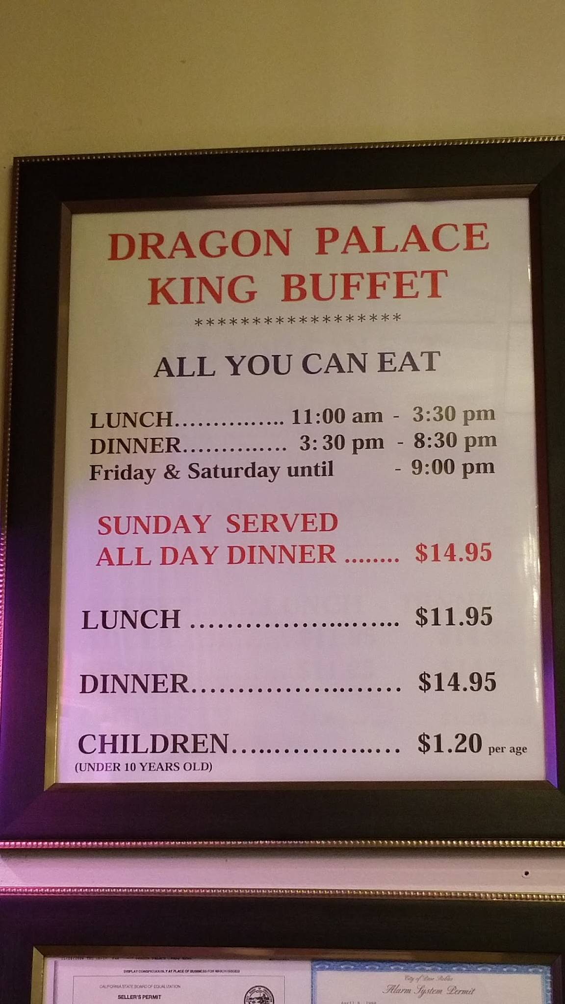 Menu at Dragon Palace King Buffet restaurant, Paso Robles