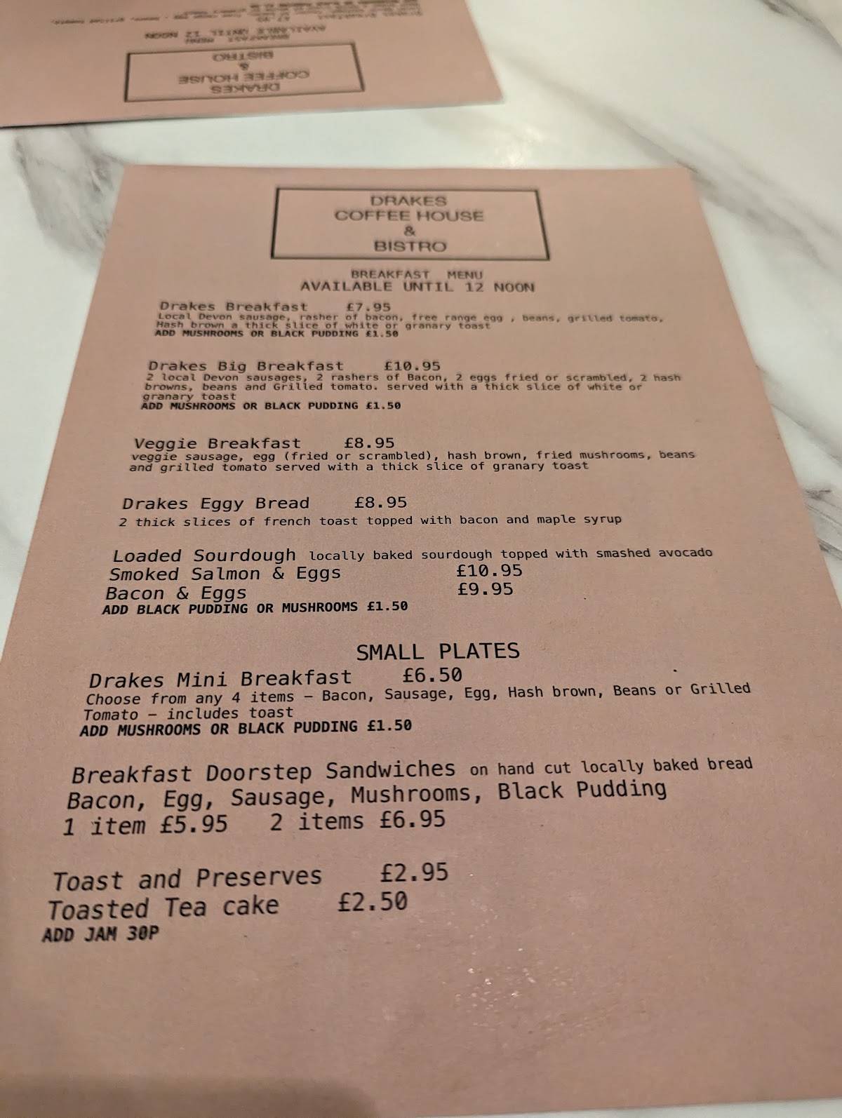 Menu at Drakes cafe, Exeter, 17A Catherine St