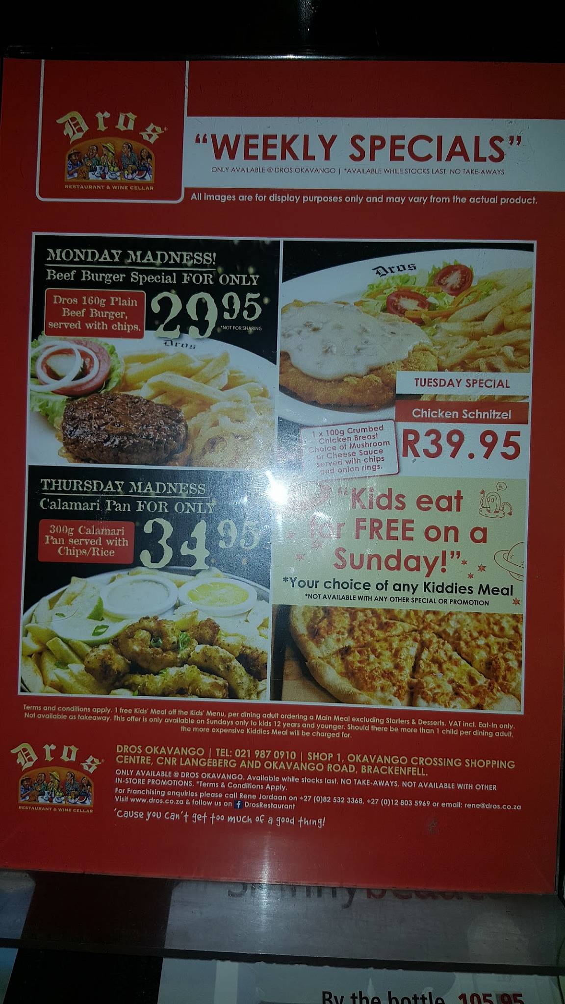 Menu at Dros Okavango restaurant, Cape Town, Okavango Crossing Shopping ...