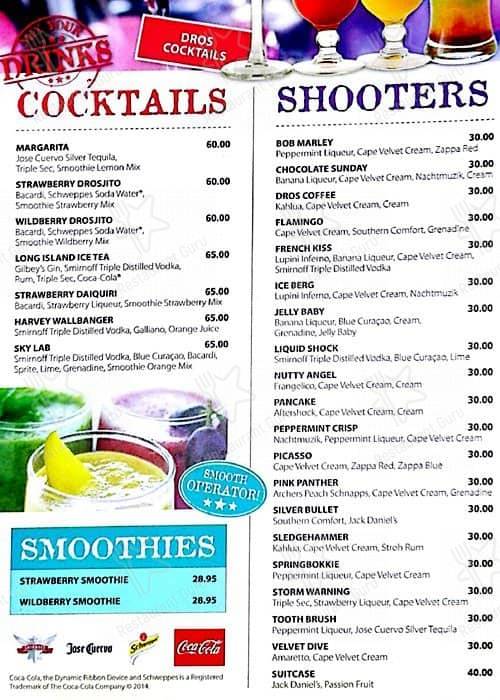 Menu at Dros Okavango restaurant, Cape Town, Okavango Crossing Shopping ...