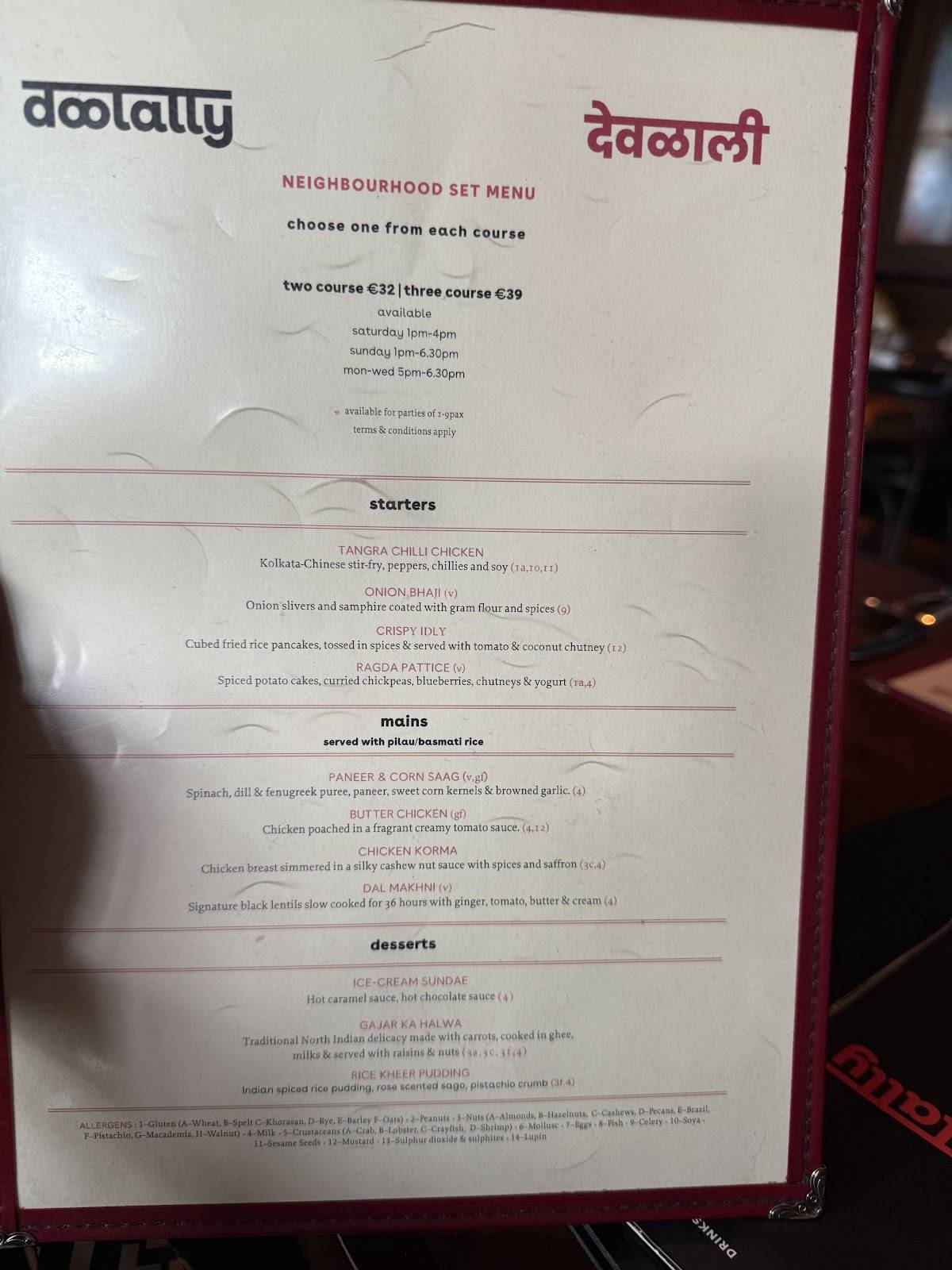 Menu at Doolally restaurant, Dublin