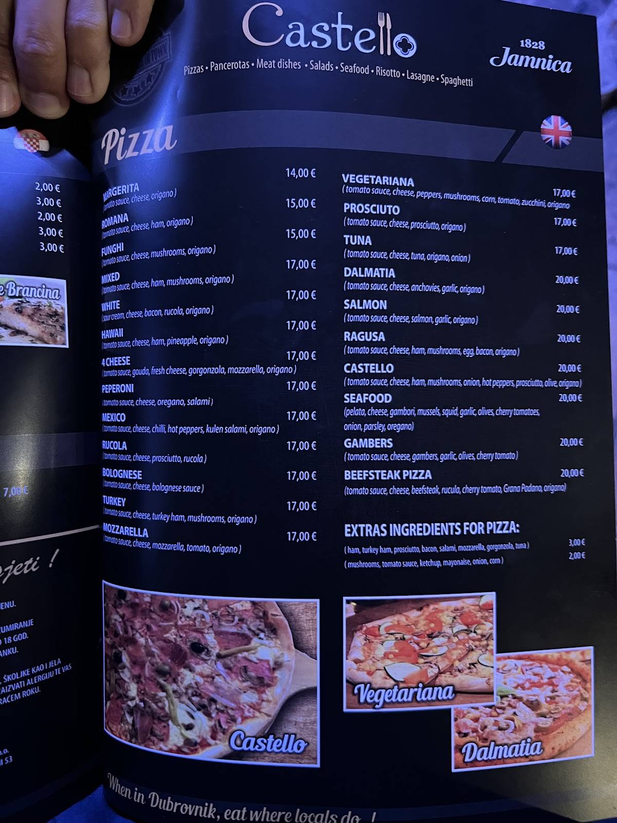Menu at Castello restaurant, Dubrovnik