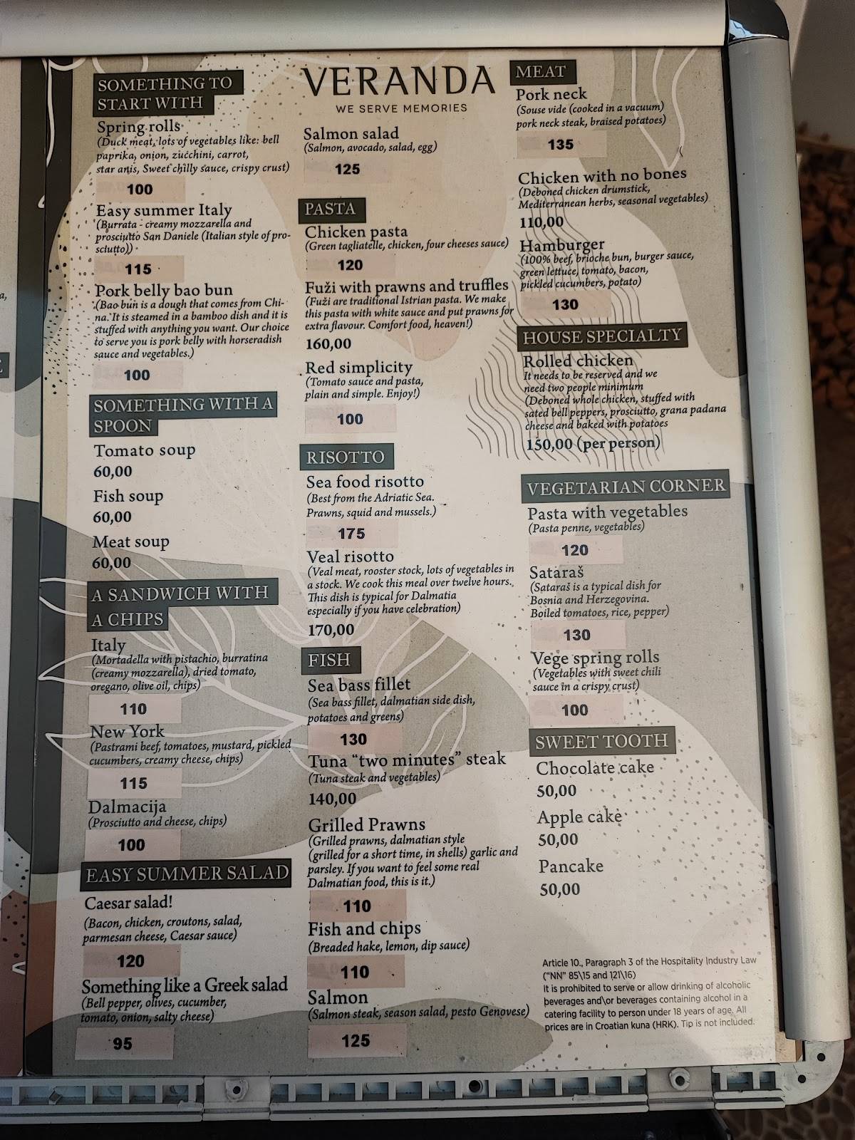 Carta del restaurante Veranda, Zaton