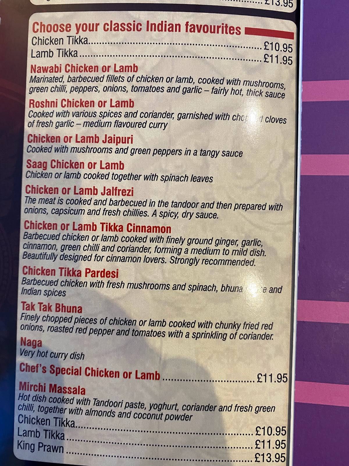 Menu at Spice of India restaurant, Dufftown