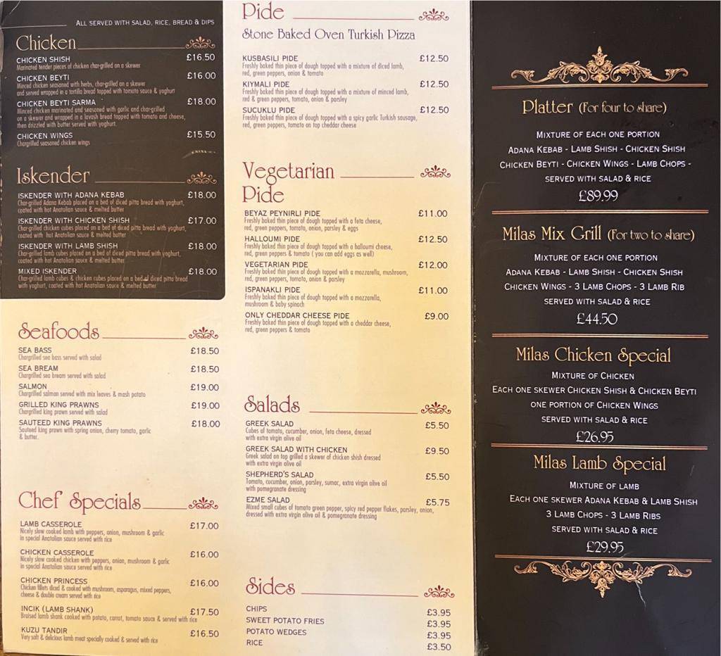 Menu at Milas restaurant, Dundee