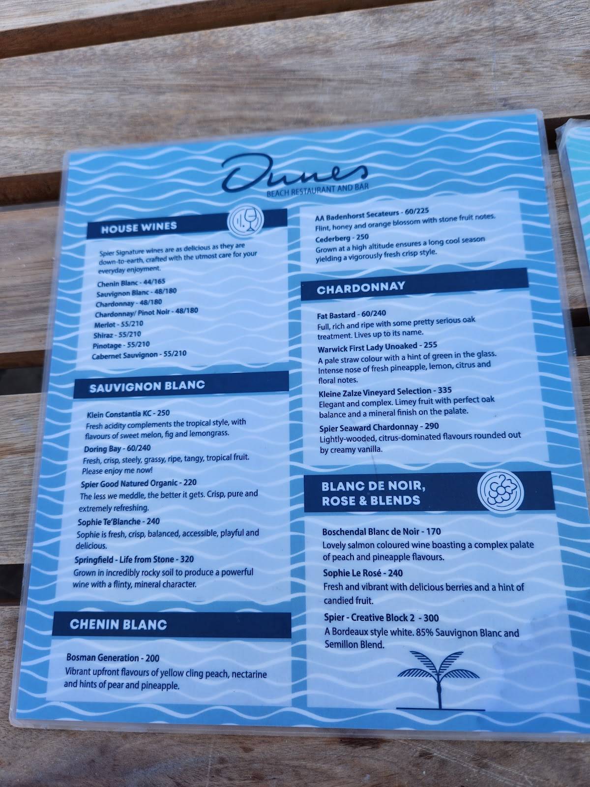 Menu at Dunes Beach Restaurant & Bar, Cape Town, 1 Beach Cres