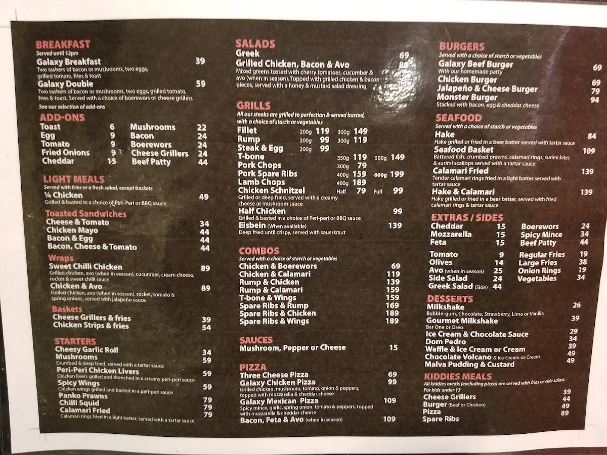 Menu at Galaxy Grill restaurant, Durban, Pavilion