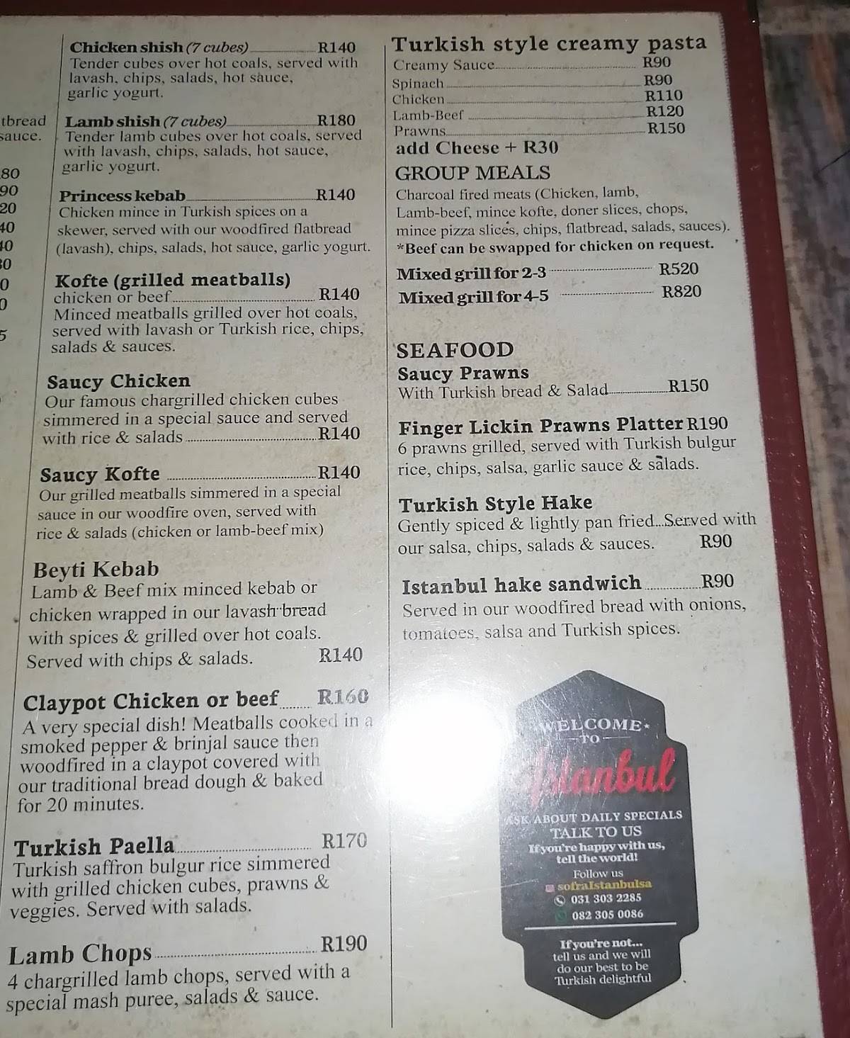 Menu at Sofra Istanbul Florida restaurant, Durban, 245 Florida Rd