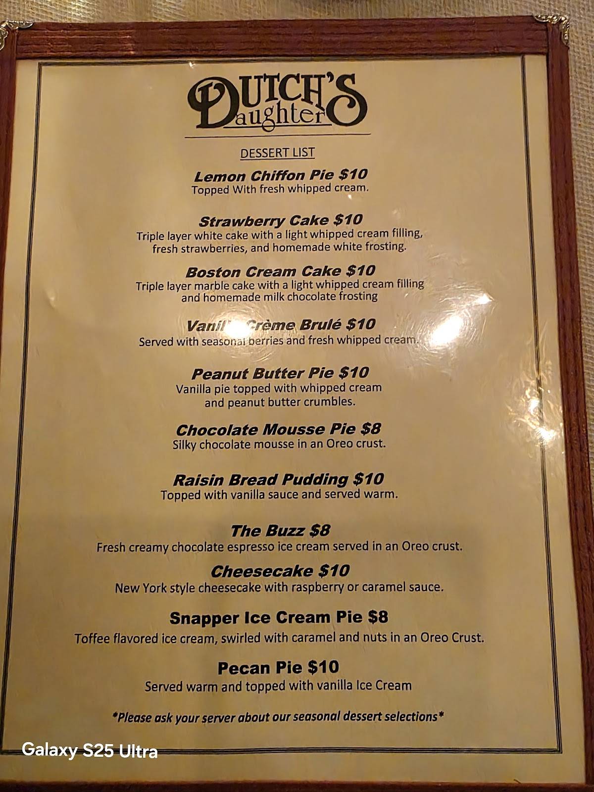 Menu at Dutch's Daughter steakhouse, Frederick, 581 Himes Ave