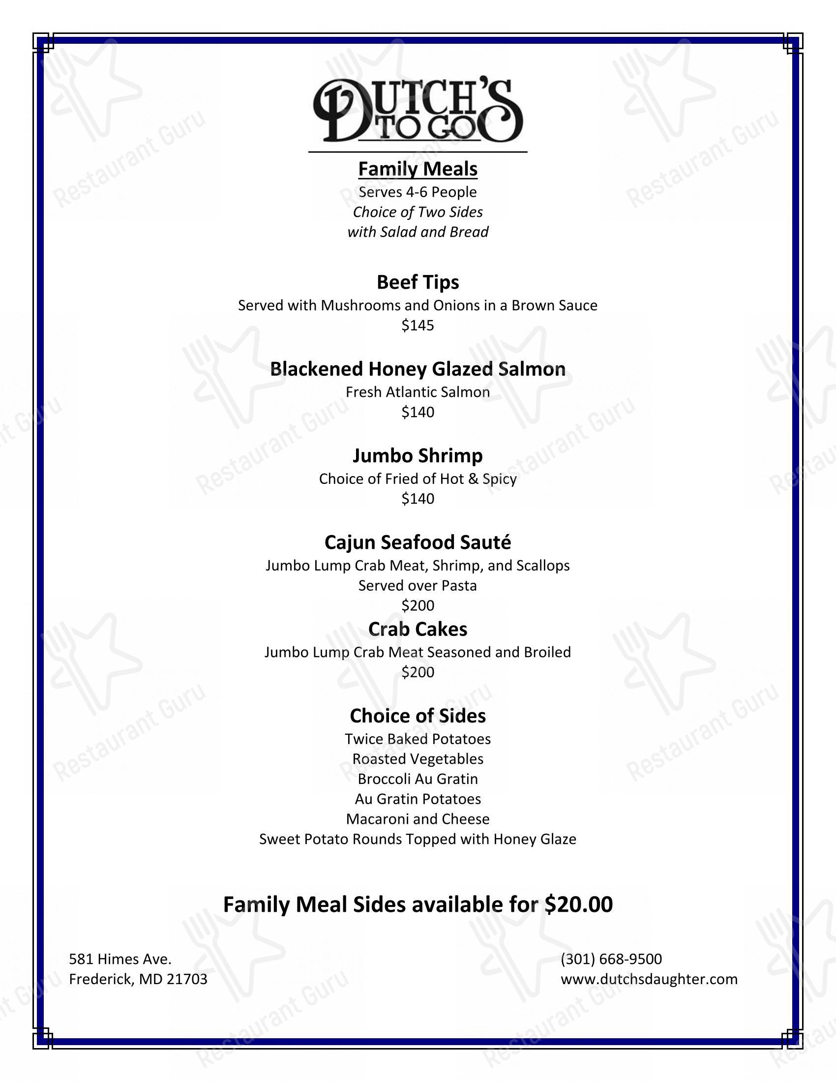 Menu at Dutch's Daughter steakhouse, Frederick, 581 Himes Ave