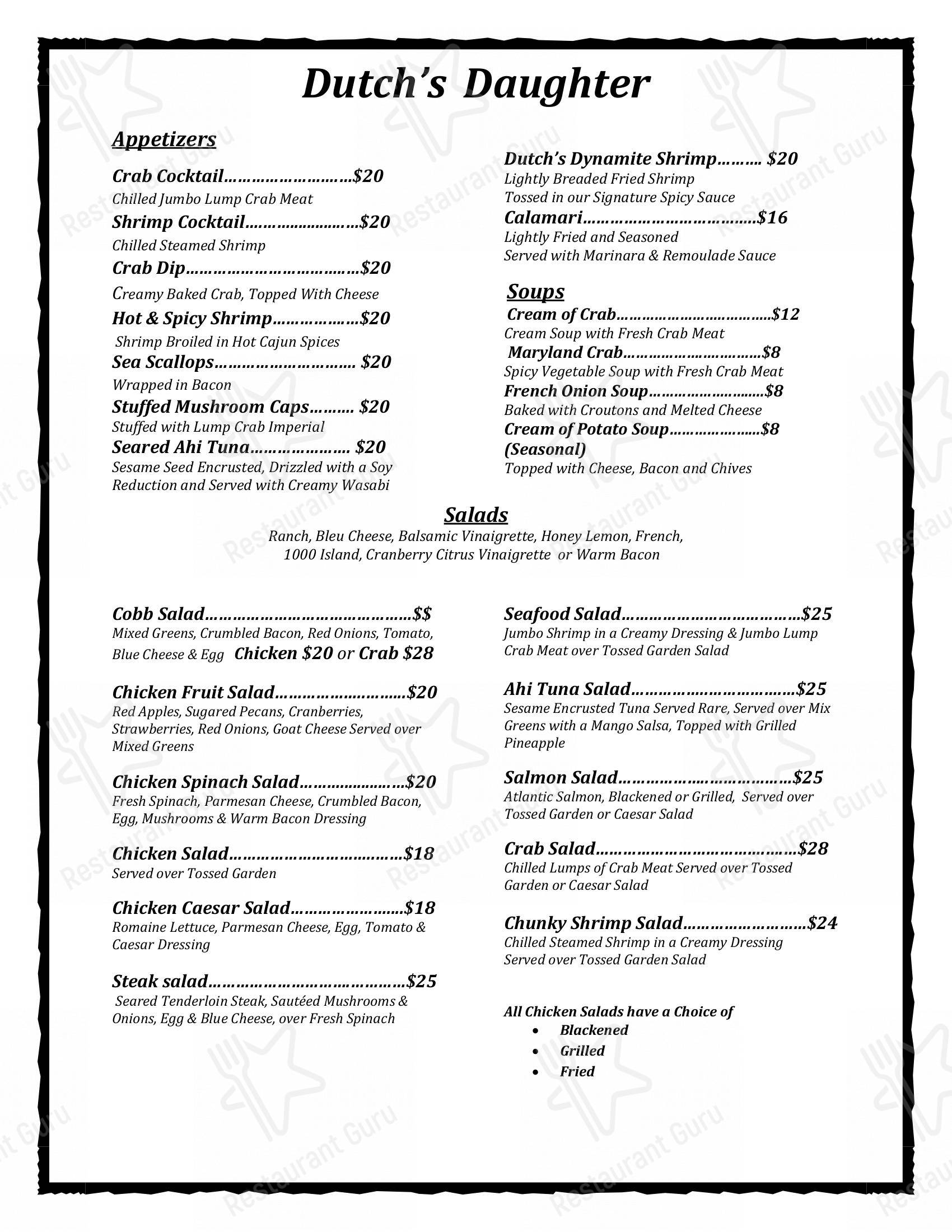 Menu at Dutch's Daughter steakhouse, Frederick, 581 Himes Ave