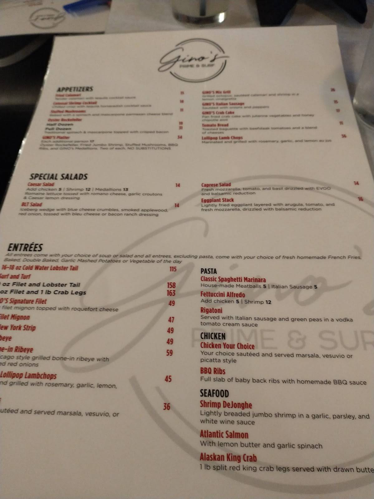Menu at Gino's Prime & Surf steakhouse, Dyer