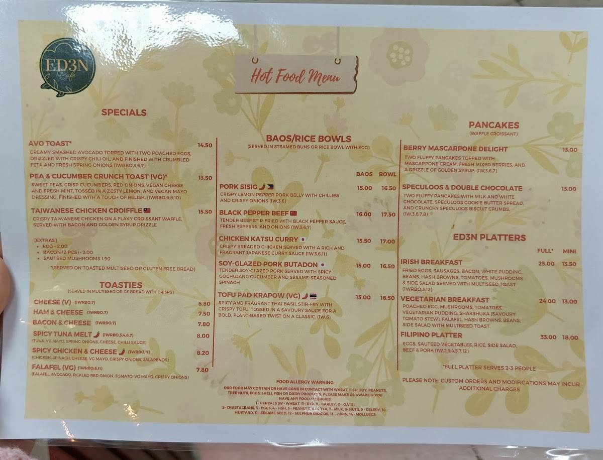 Menu at ED3N Cafe, Dublin